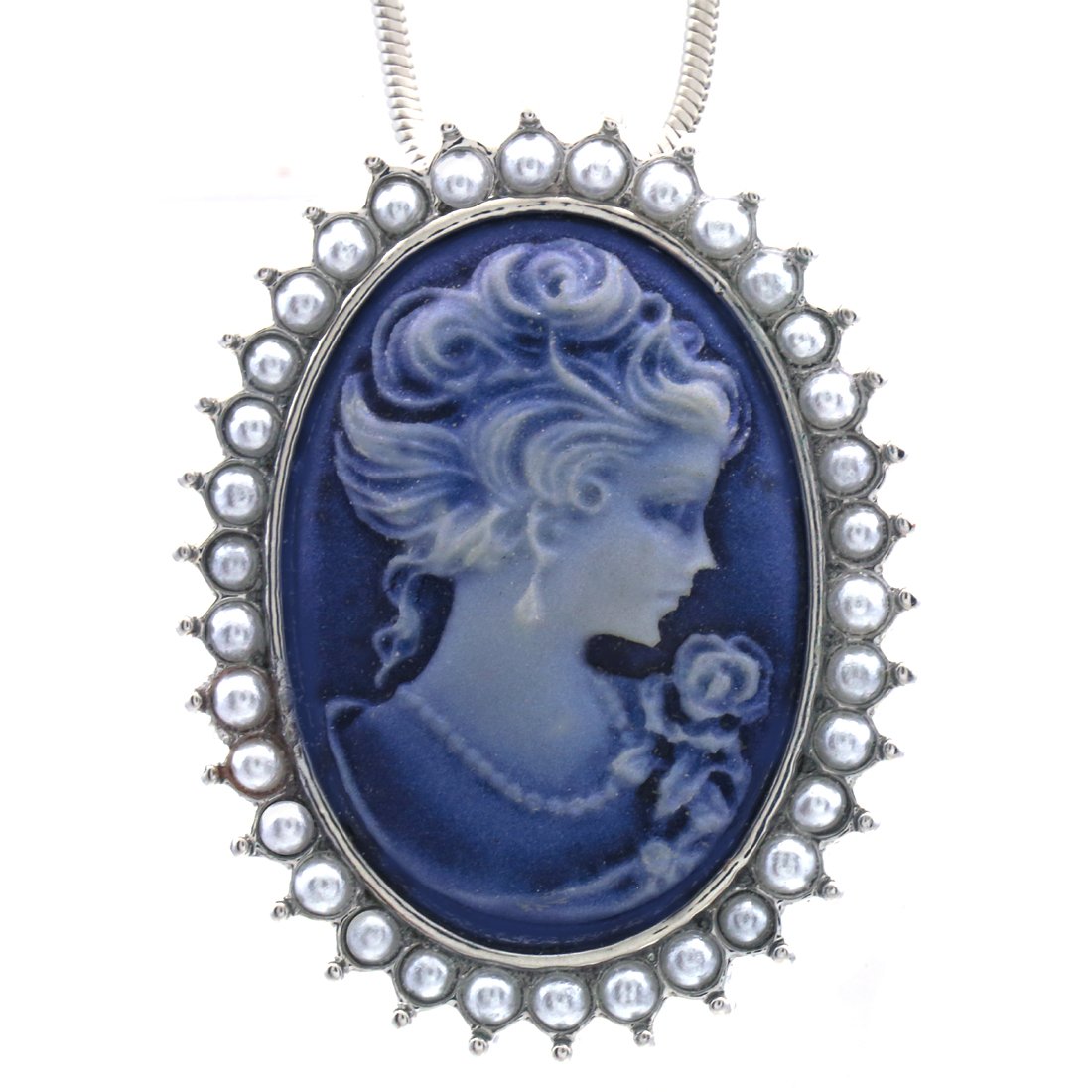 SoulBreeze Cameo Necklace Pendant Vintage Style Faux Pearl Women Fashion Jewelry (Blue)