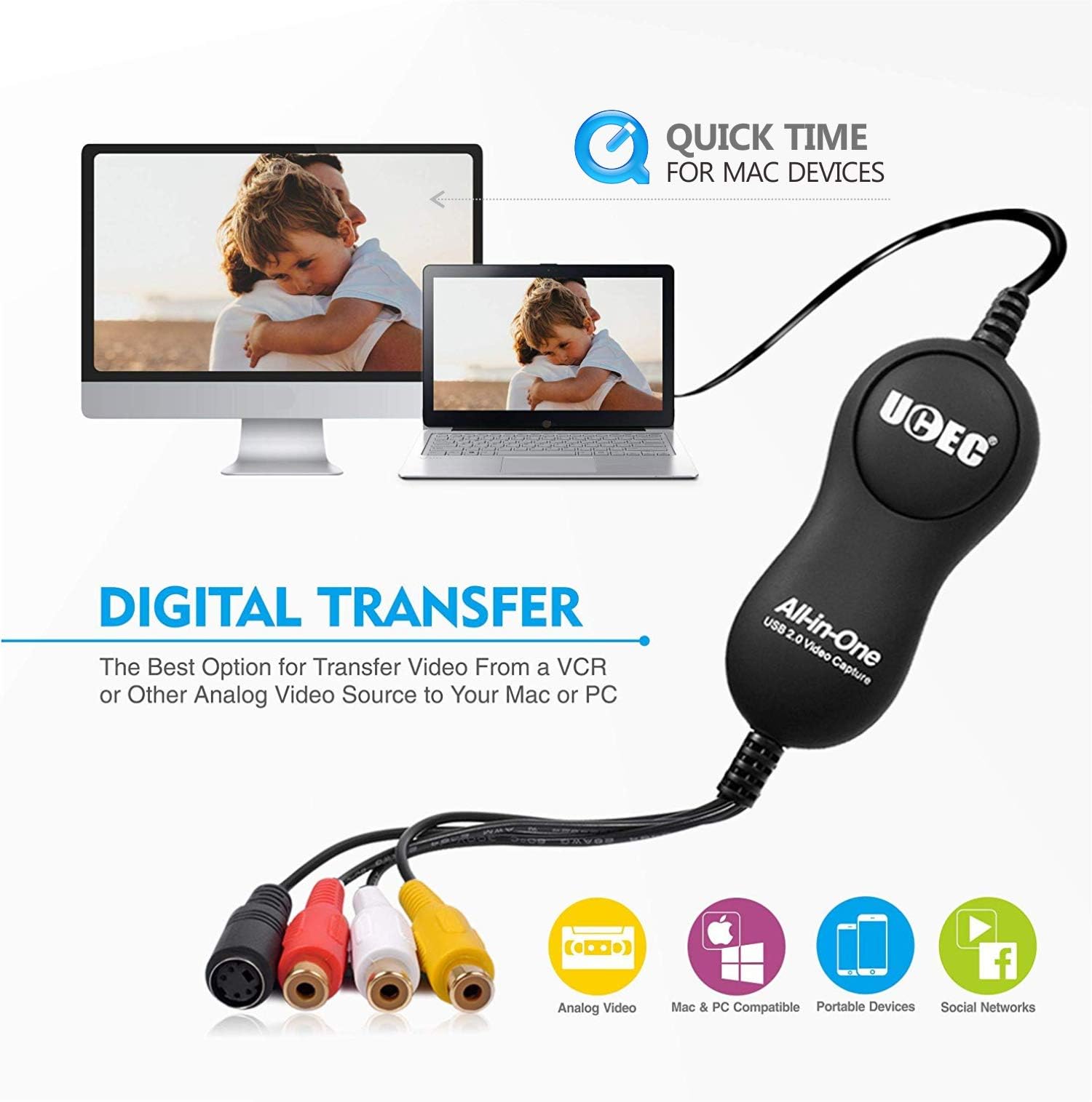 UCEC USB 2.0 Video Capture Card Device, VHS VCR TV to DVD Converter for Mac OS X PC Windows 7 8 10 11