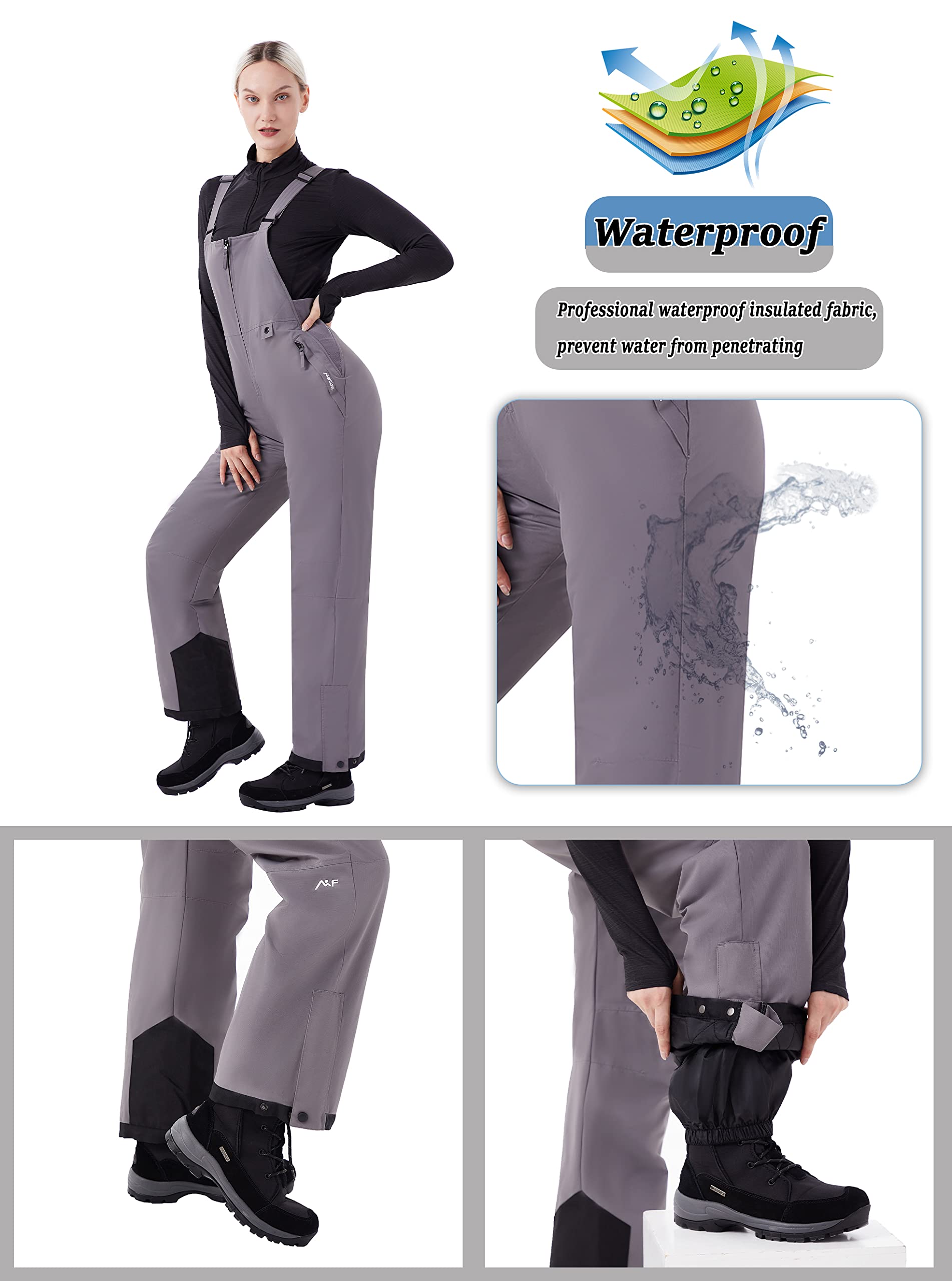 WULFUL Womens Insulated Snow Bibs Waterproof Winter Ski Pants Snowboarding Overalls Dark Grey