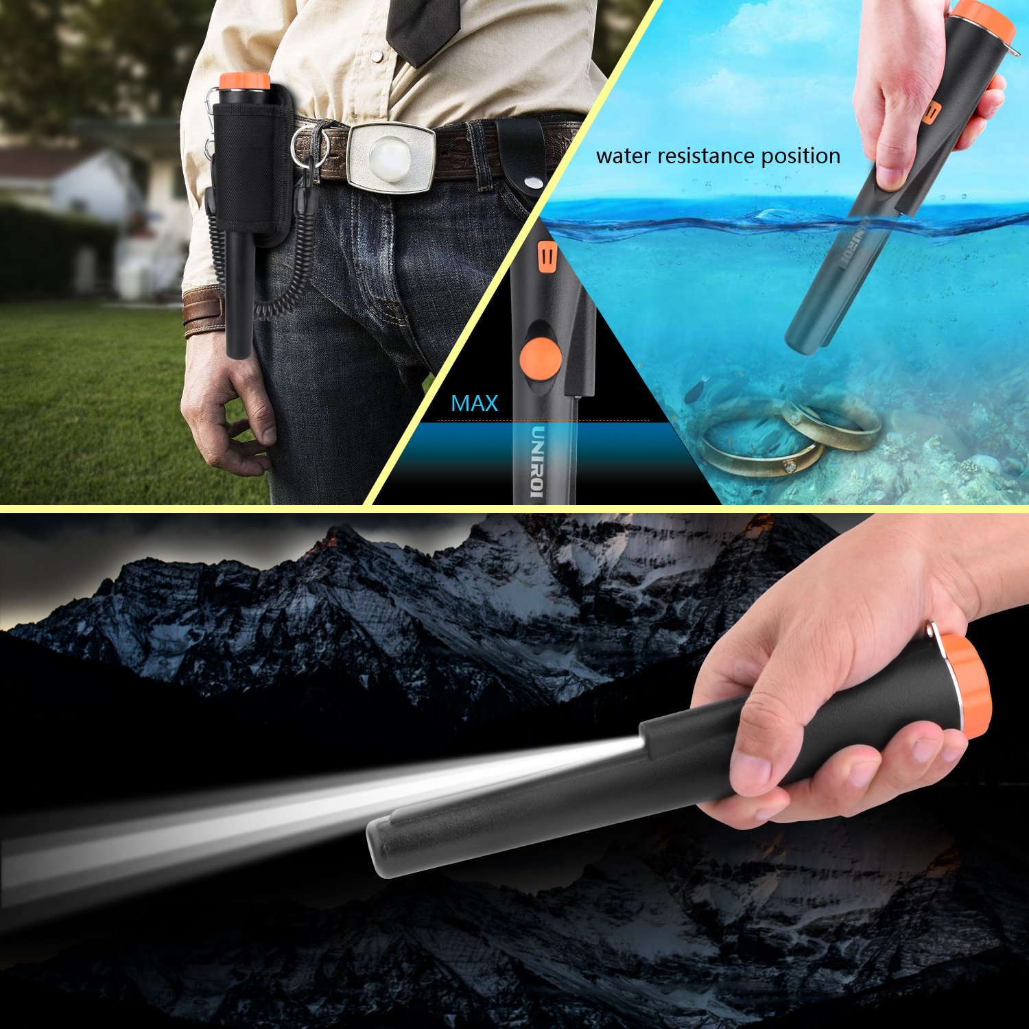 UNIROI Pinpointing Metal Detector, Waterproof Metal Detector Pinpointer IP65, LED Indicators & Vibration,for Adults and Kids, 9V Battery
