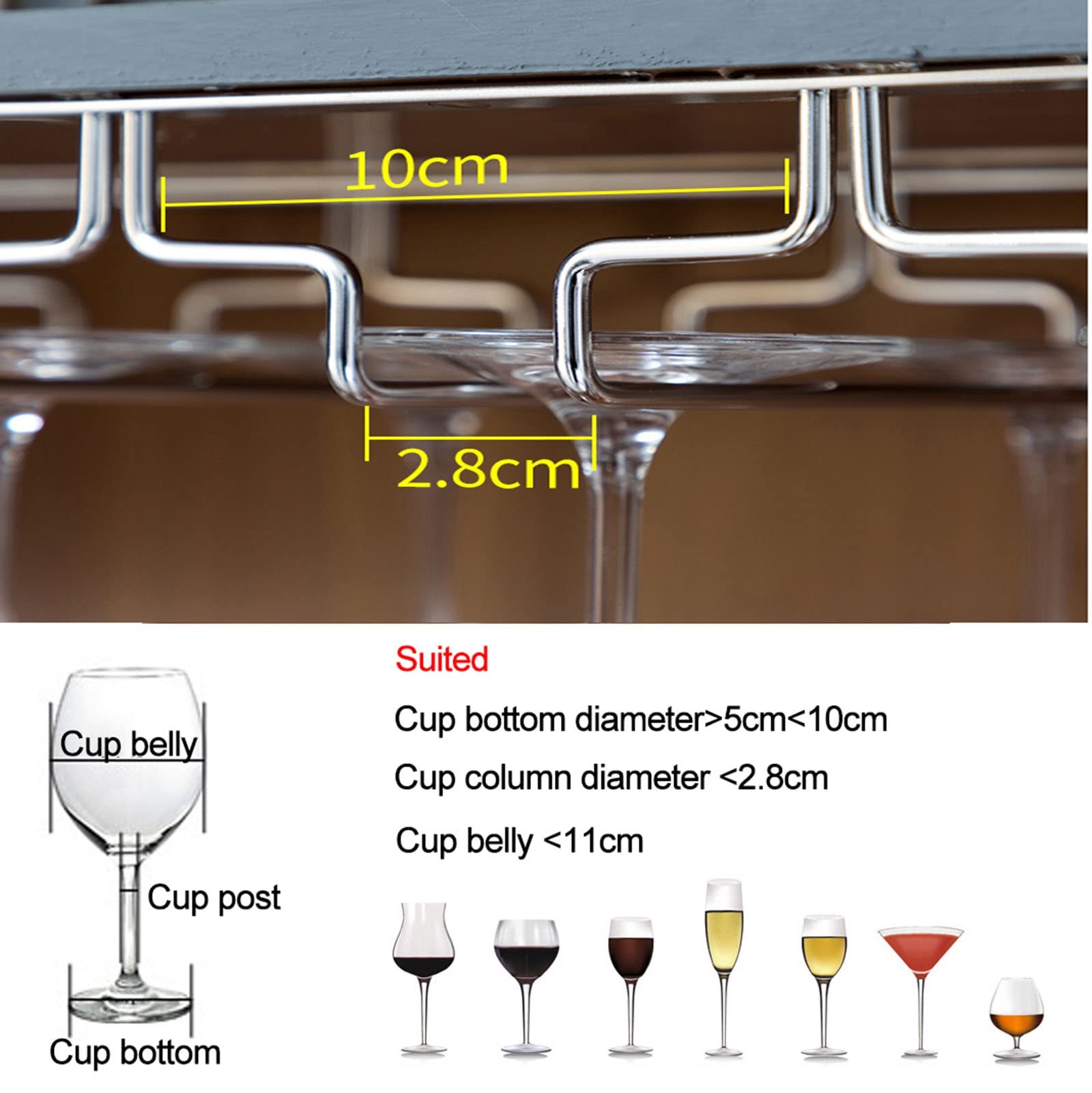V3VOGUE Steel Under Cabinet Wine Glass Holder Rack, Stemware Holder, 3/4/5/6/7/8 Row Glasses Storage Hanger, Hanging Champagne Goblets Holders, with Screws (Row : 6Row, Size : Width: 28cm)