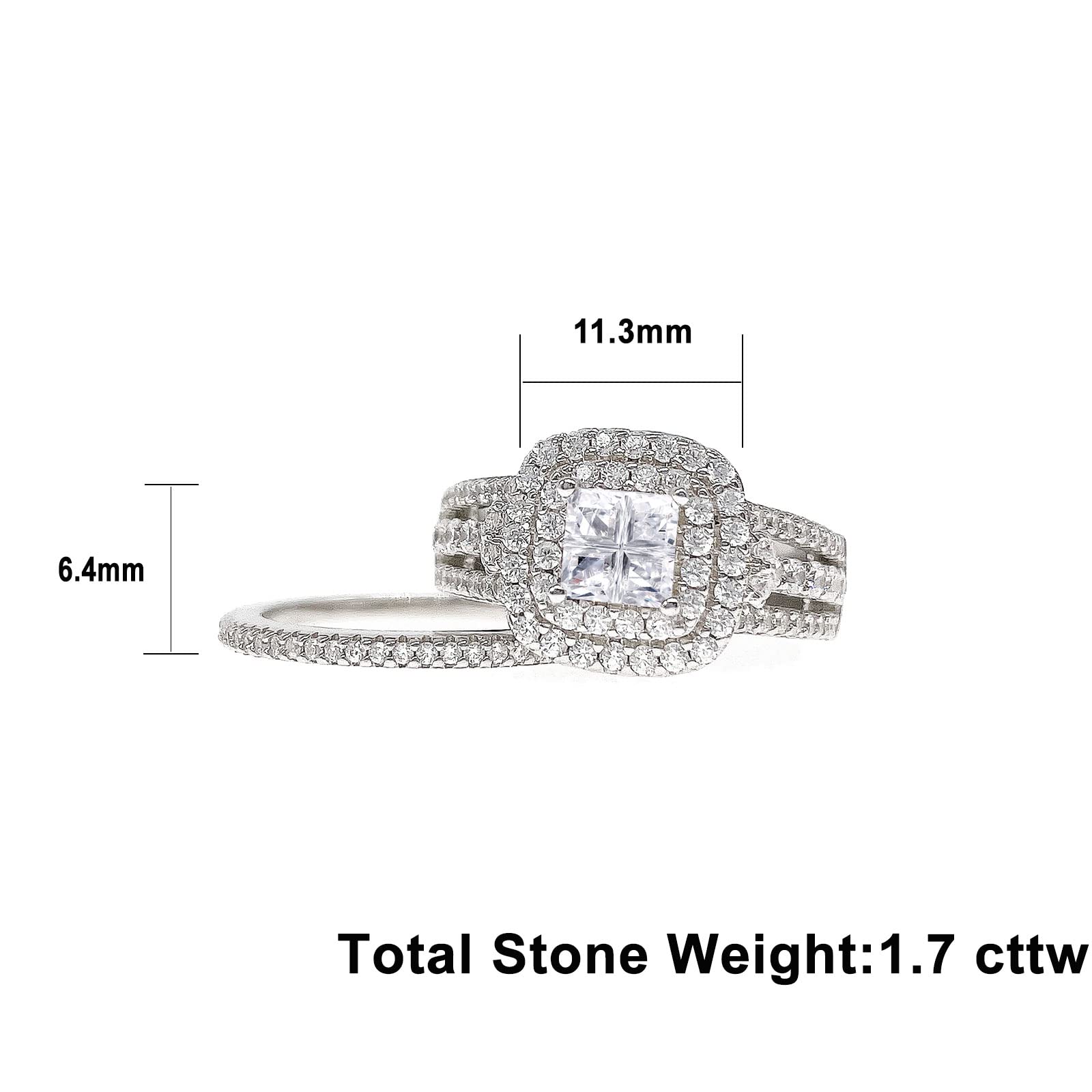 ZENBOTUNG 1.7CT Sterling Silver Wedding Bands Bridal Ring Sets AAAAA Cz Engagement Rings for Women Princess Size 5