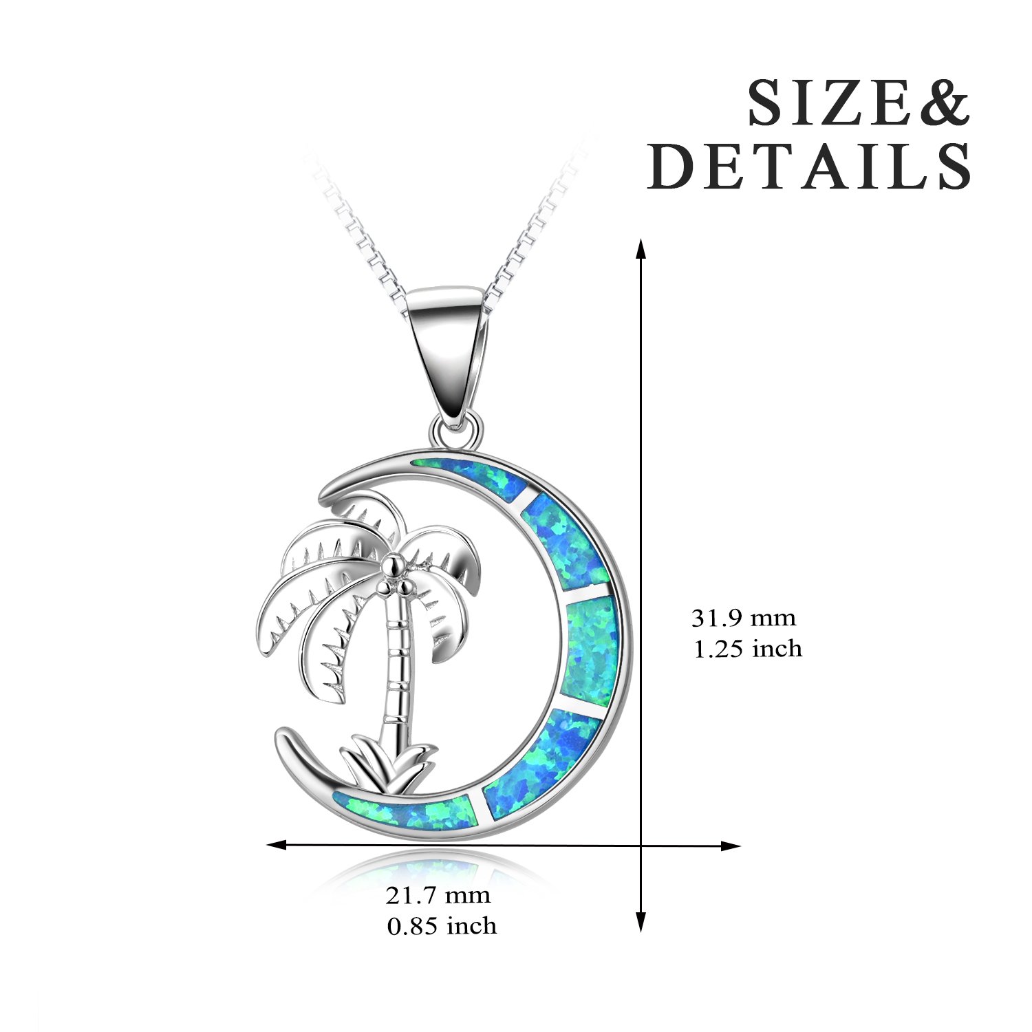 SOULMEET Palm Tree Blue Simulated Opal Moon Necklace, Sterling Silver Palm Tree Jewelry for Her, Summer Beach Style October Birthstone Christmas Gift Idea