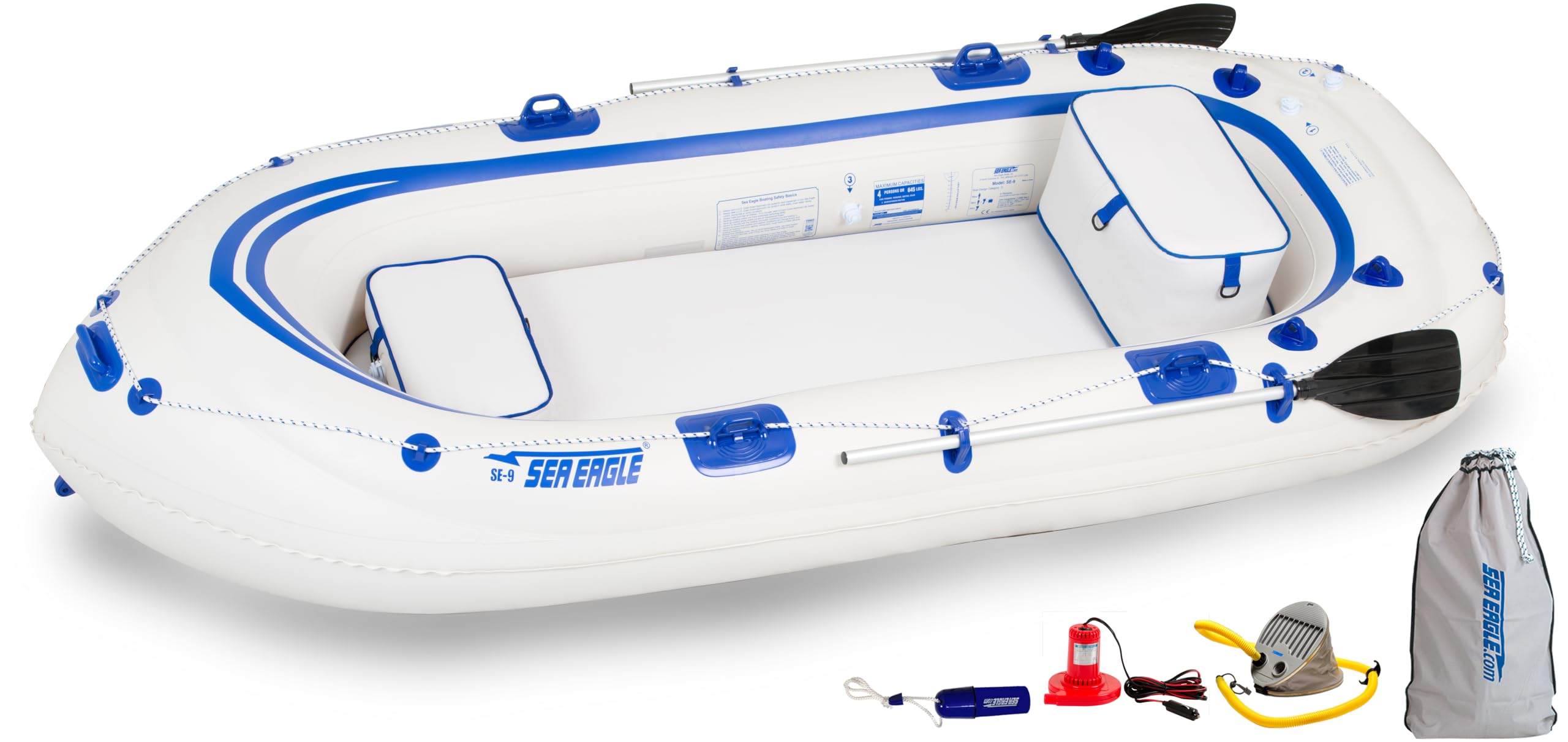 Sea Eagle SE9 Lightweight Inflatable Motormount Boat with Inflatable Floor, 5' Oar Set, Boat Bag, Electric Pump, 2 Seats Great for Boating, Motoring, Rowing, Fishing & Yacht Tending (Startup)