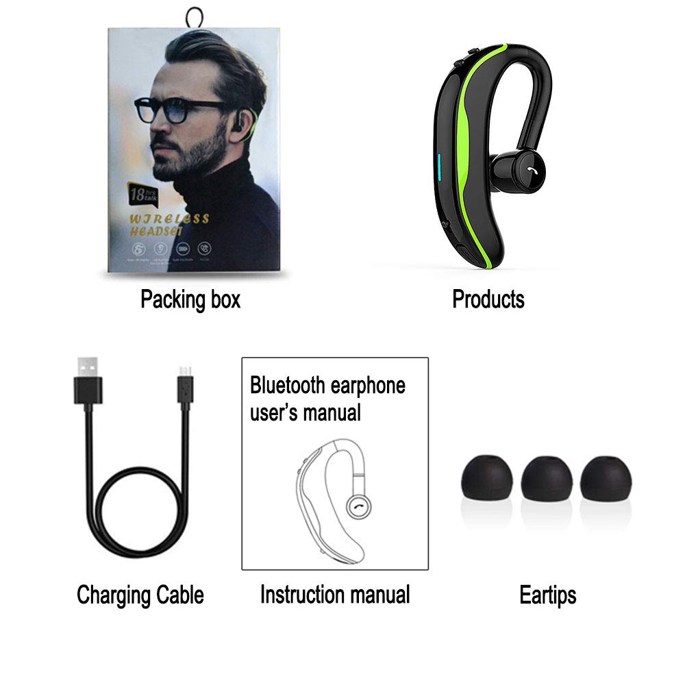 SLUB True Wireless Bluetooth Single Earbud with Microphone 17-18 Hours Playtime Noise Cancelling Waterproof Ear-Hook Sport Headset for Cell Phone(Green)