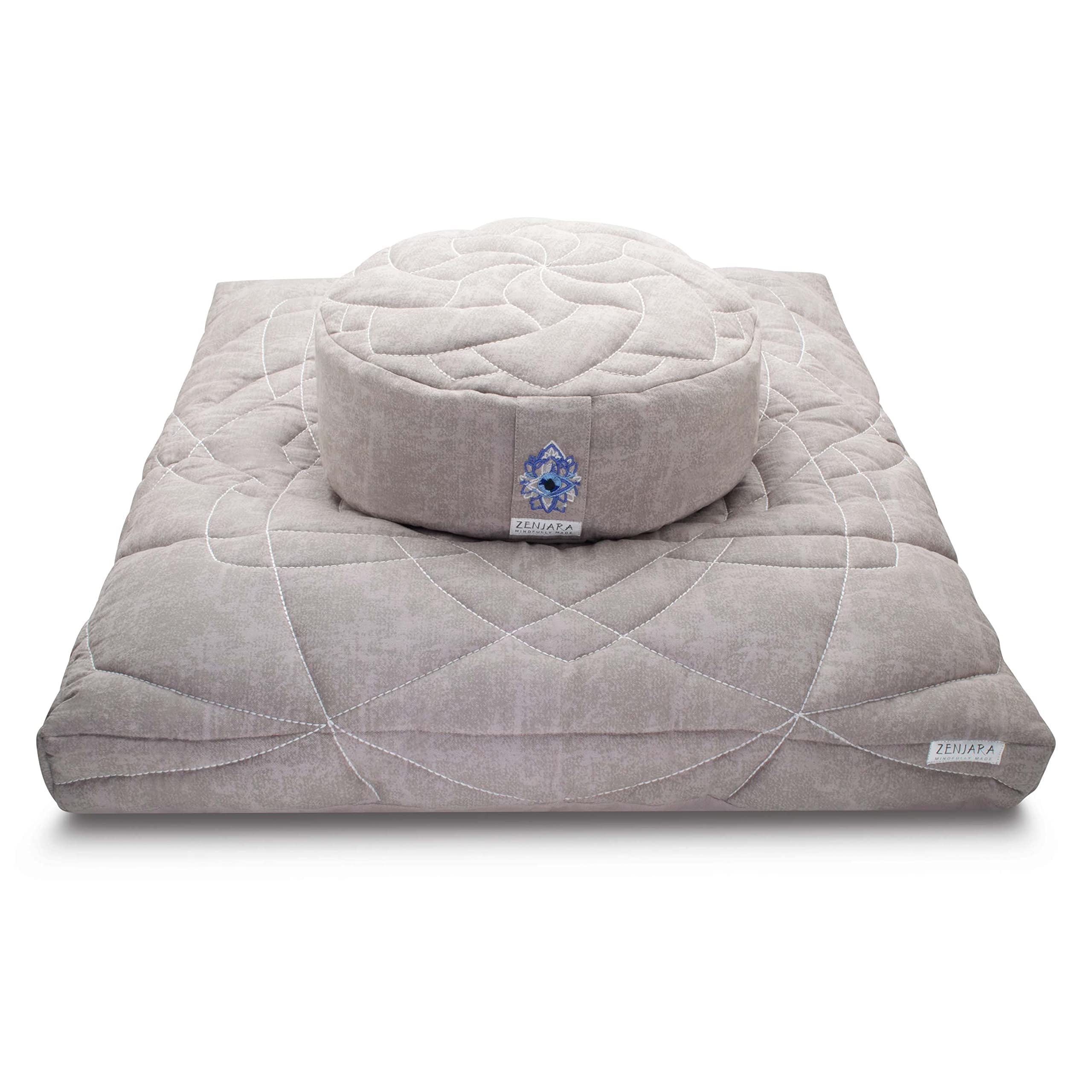 Zenjara Zafu and Zabuton Yoga Meditation Cushion Set | Cloud Grey | Plush and Firm | 100% Cotton Machine Washable Mandala Coversā¦