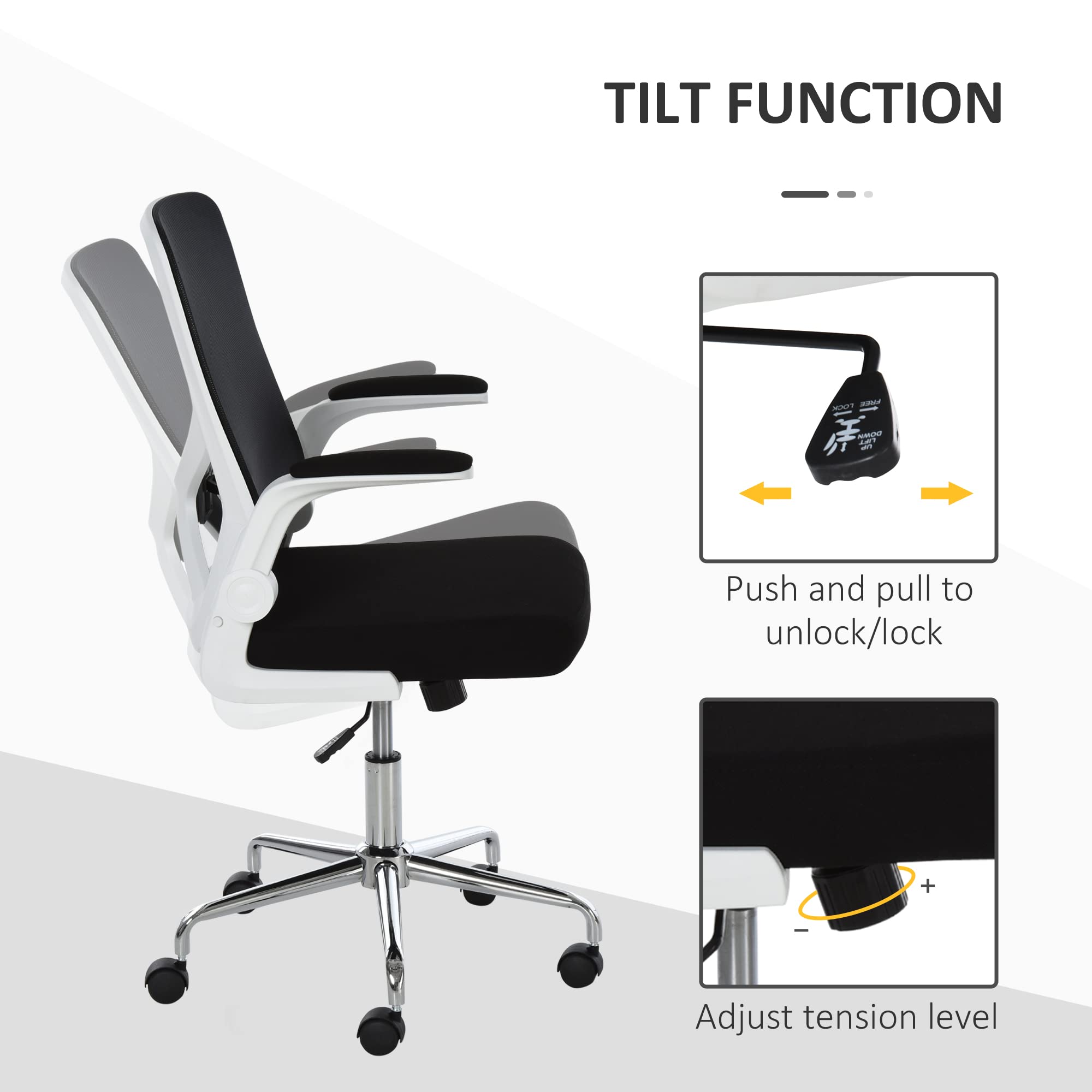 Vinsetto Ergonomic Mesh Office Chair Rocking Swivel Computer Task Desk Chair with Folding Backrest, Lumbar Support, Flip-up Arms and Adjustable Height, Black