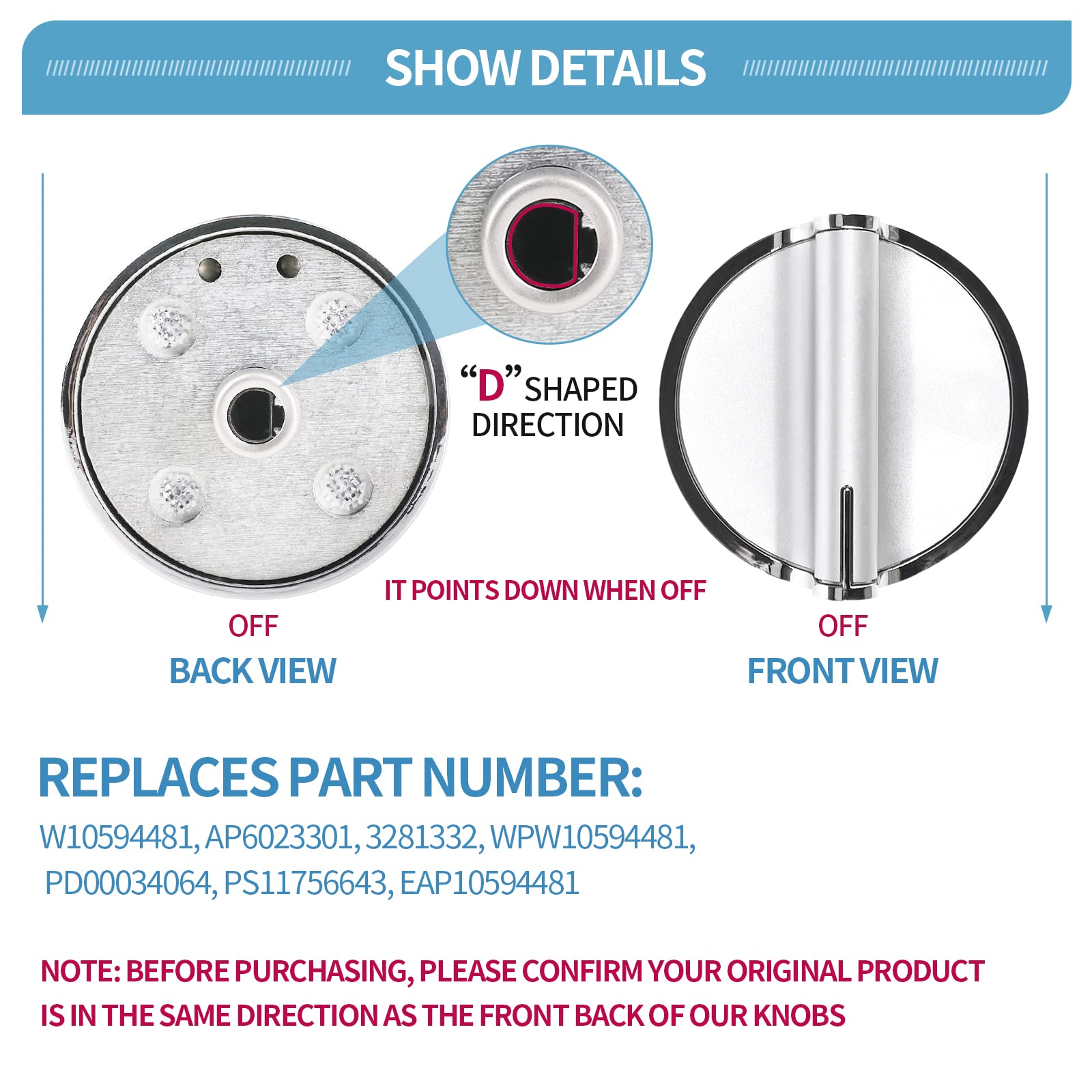 W10594481 Stove Knobs Replacement for Whirlpool Gas Stove Range Oven Knobs WCG97US0DS00 WCG97US6DS00, Stainless Steel Burner Control Knob Replace WPW10594481 PS11756643 AP6023301 Gas Cooktop (5pcs)