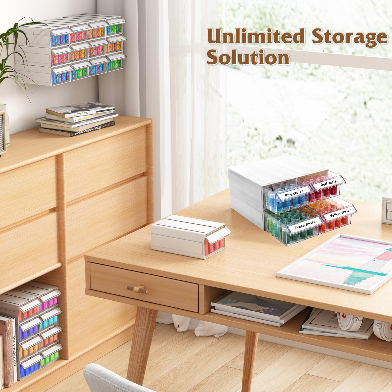 Quefe 128 Slots, 4pcs, Diamond Painting Storage Containers, Portable Bead Organizer, Storage Box Stackable Arts & Crafts Organizers for DIY Diamond Art Craft Jewelry Bead Storage