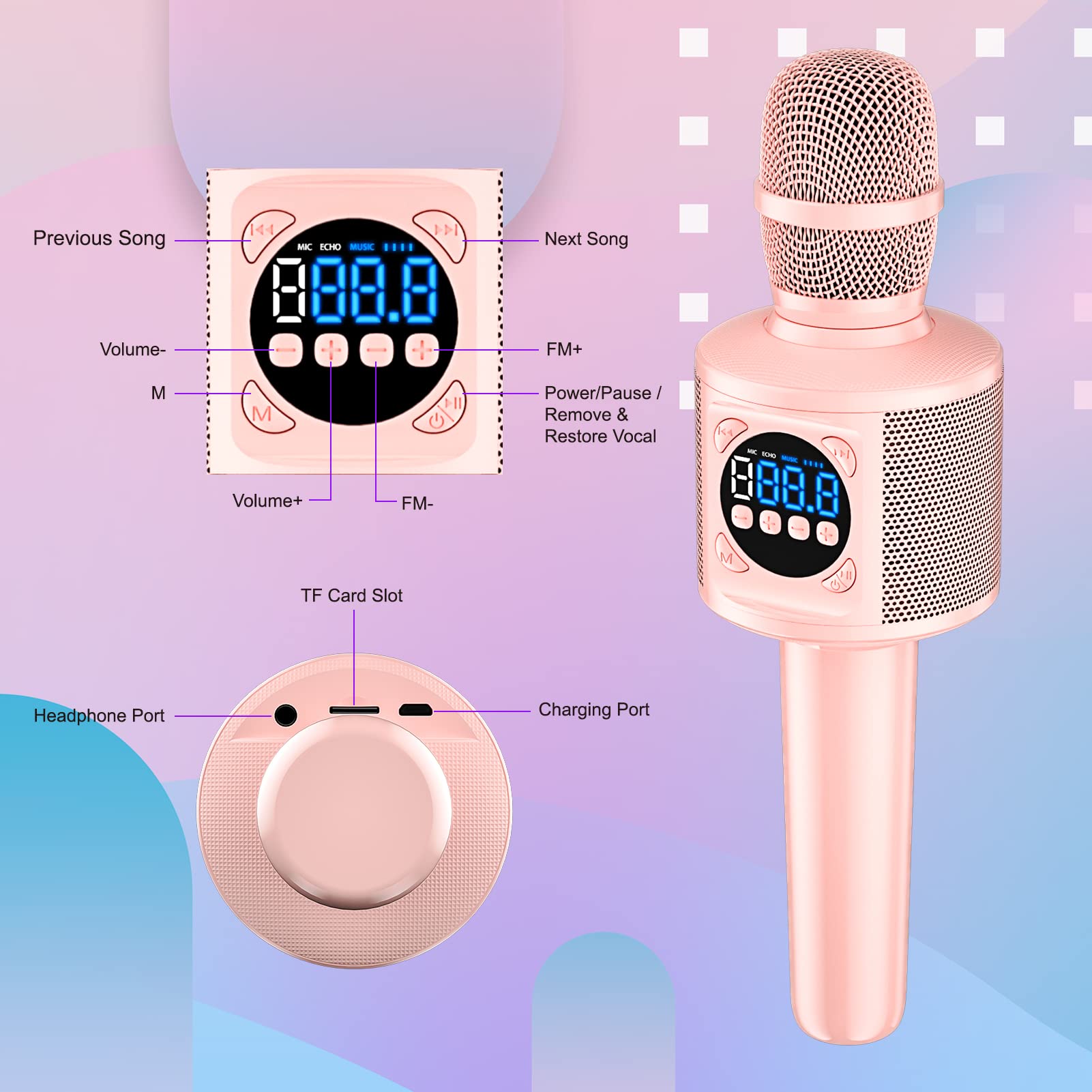 YLL Car Karaoke Microphone, Wireless Bluetooth Microphone Portable Handheld Mic Speaker with Magic Voices, Great Gifts for Girls Boys Adults All Age C17(P-ink)