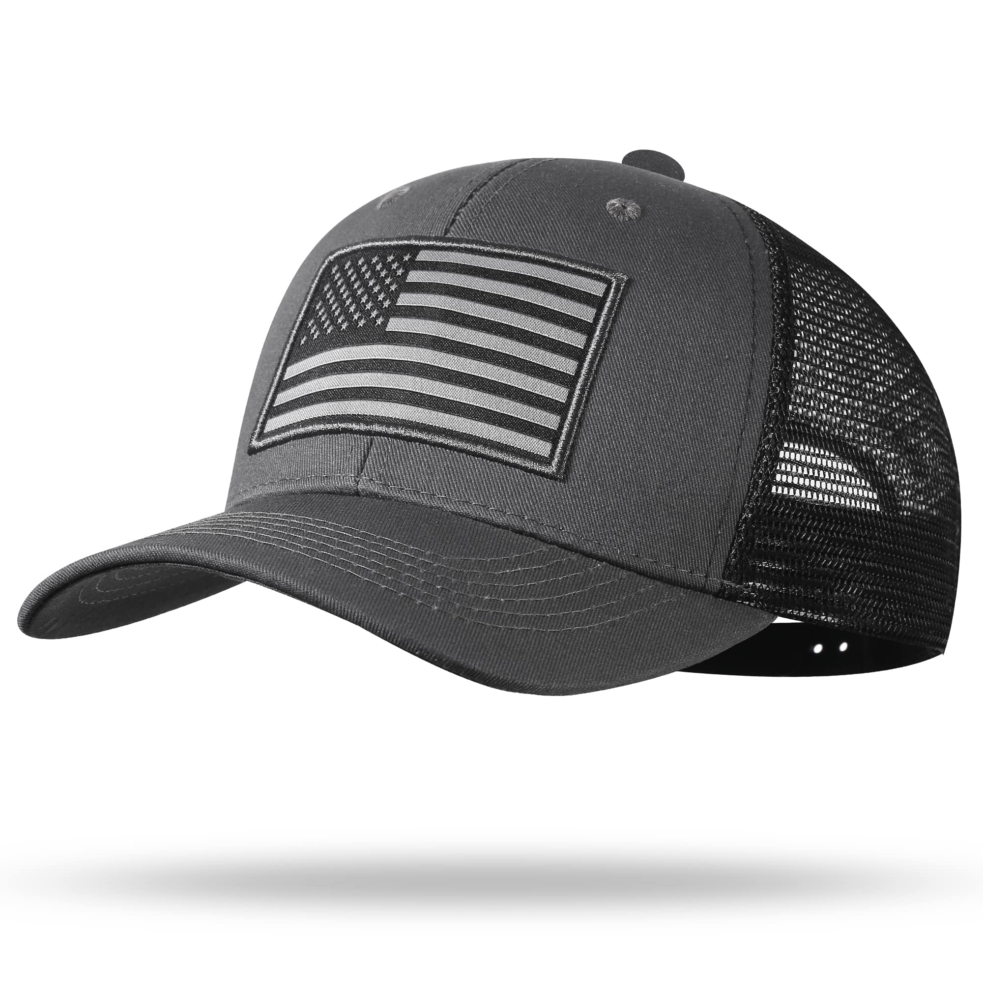 SIBOSHA American Flag Trucker Hat - Baseball Cap for Men & Women, Breathable Mesh, Adjustable Snapback Closure Dark Gray/Black