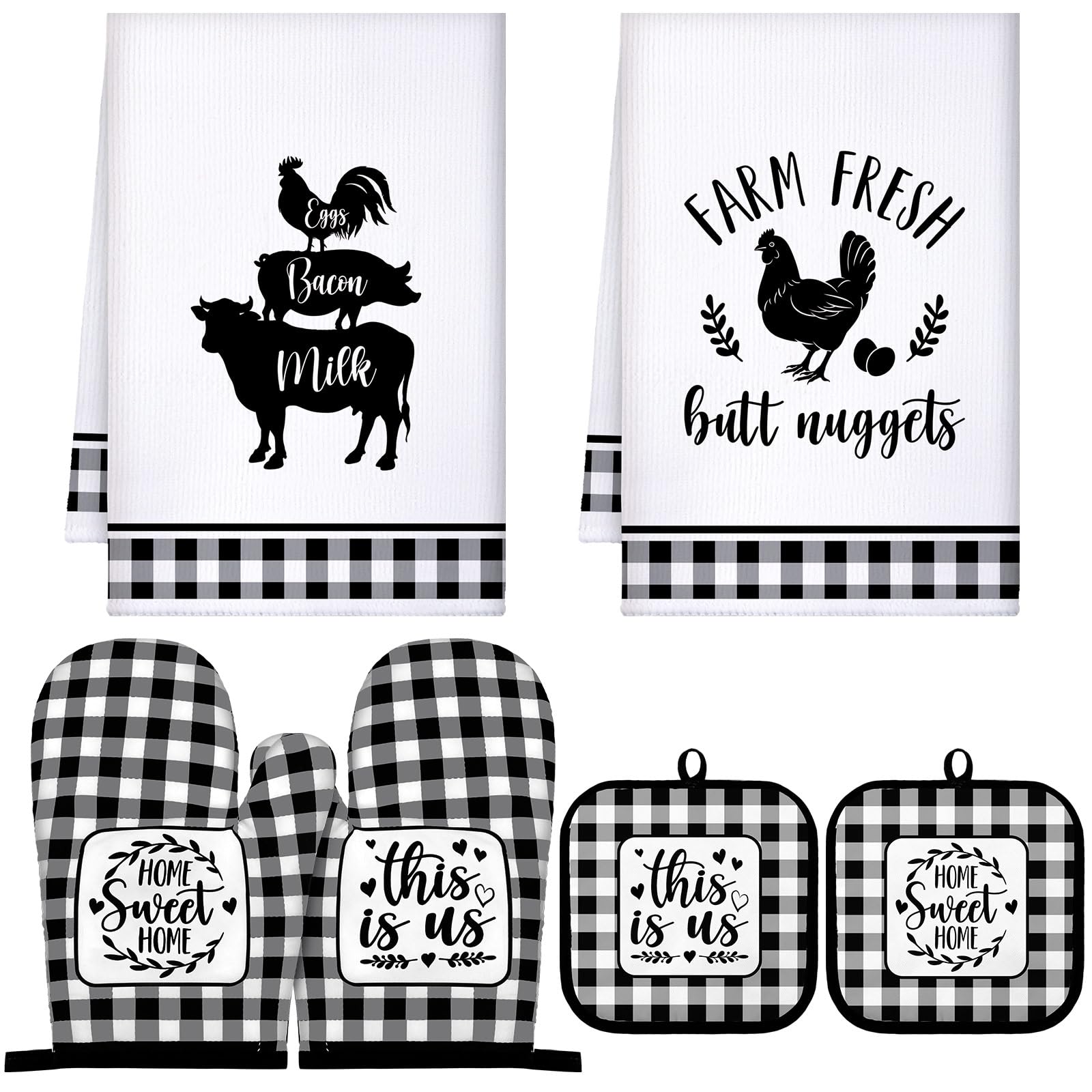 Sratte 6 Pcs Farmhouse Marble Dish Towels Pot Holders and Oven Mitts Sets Pink White and Gold Heat Resistant Kitchen Towels Farm Animal Kitchen Decoration for Baking Cooking Supply(Farm Animal)