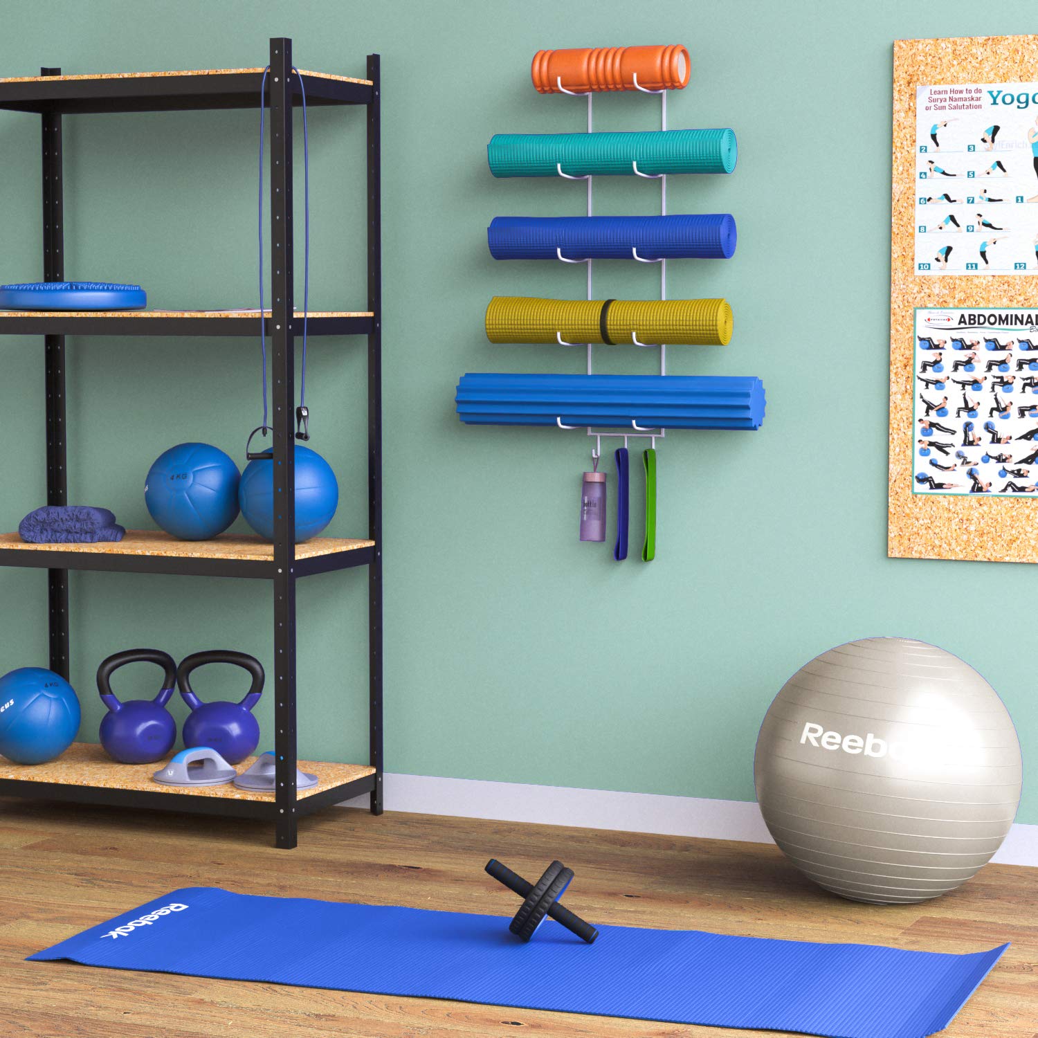 Wallniture Guru Foam Roller & Yoga Mat Holder Wall Mount with 3 Hooks for Hanging Yoga Strap, Resistance Bands, 5-Sectional Metal (White)