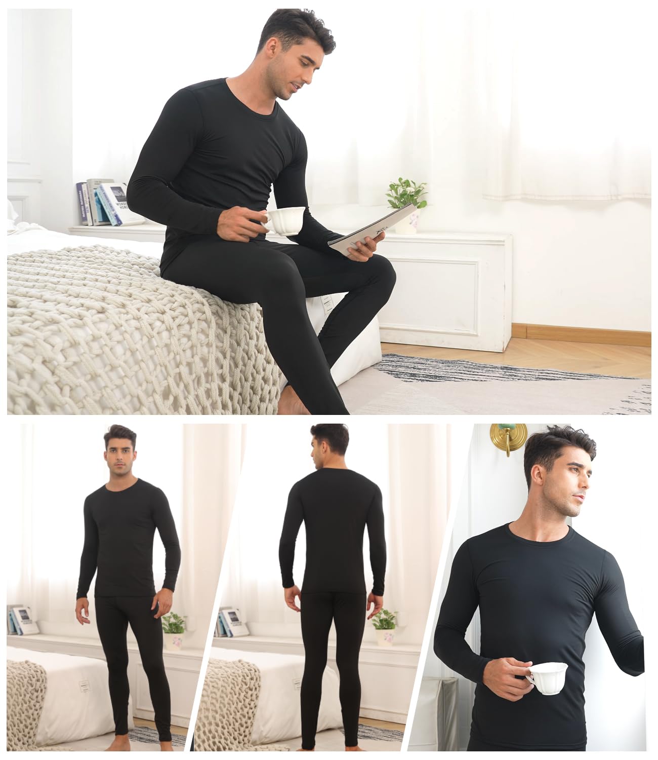 TEEPIRE Mens Thermal Underwear Set with Lightweight Ultra Soft Fleece Lined,Long John Set, Skiing Base Layer (Large) Black