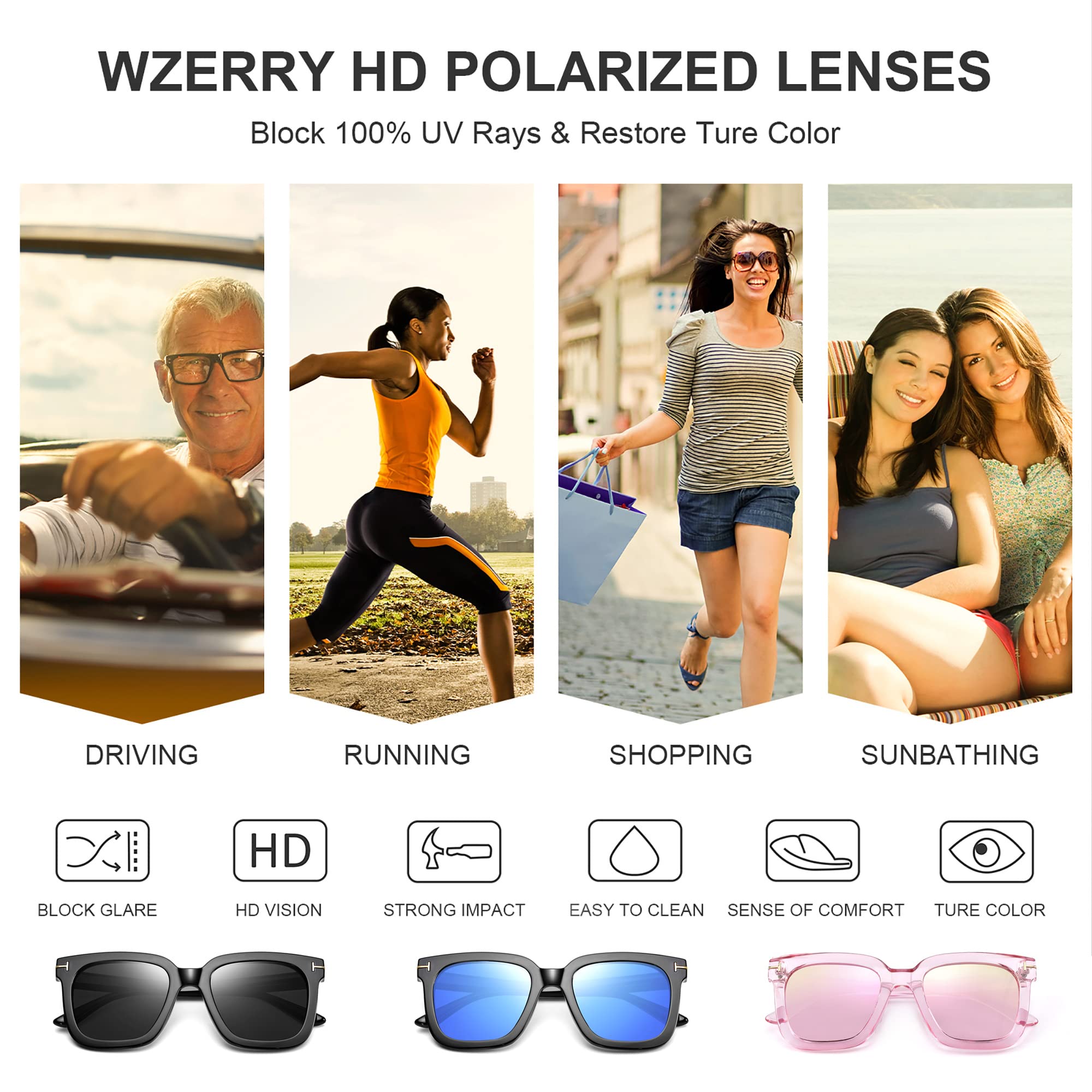 Wzerry Polarized Sunglasses for Women, Classic Retro Square Oversized Sun Glasses UV400 Protection