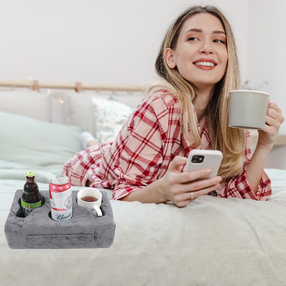 Sofa Cup Holder, Couch Cup Holder Pillow, Sofa Arm Table, Sofa and Bed Drink Caddy, Remotes Holder, for RV, Car, Beach(Grey)
