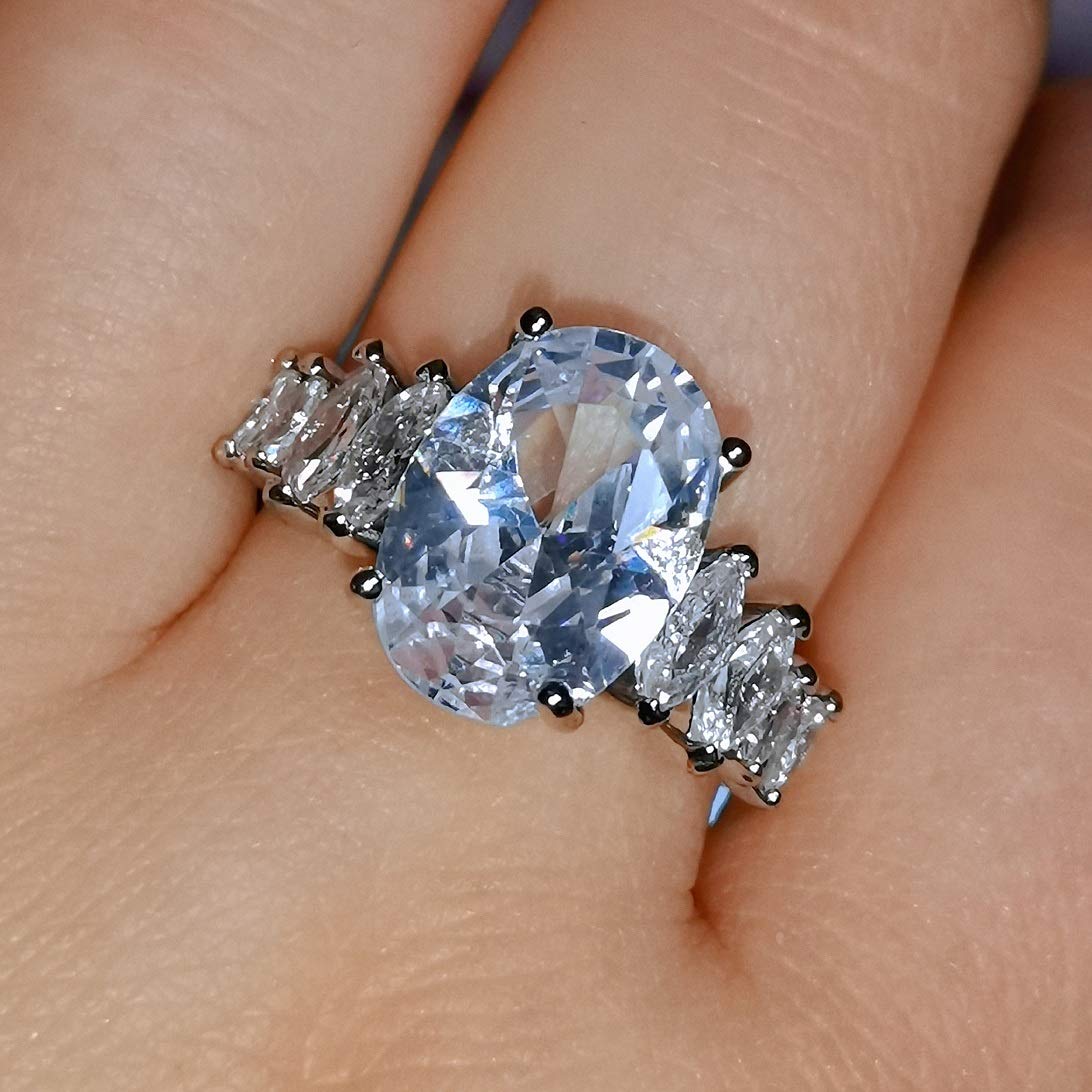 WANGYUSHENG Plated Silver Marquise Cut & Oval Cut Cubic Zirconia CZ Statement Halo Art Deco Cluster Wedding Engagement Ring 6.8 carats (US size 8)