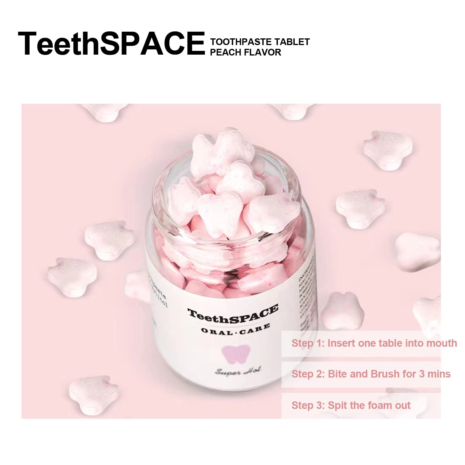 TeethSPACE Peach Mint Toothpaste Tablets, 65 Mega Size Chewable Tabs, Natural and Eco-Friendly, Flouride Free, Teeth Cleaning and Whitening Solution, Travel Mouthwash Tablets, Natural Ingredient