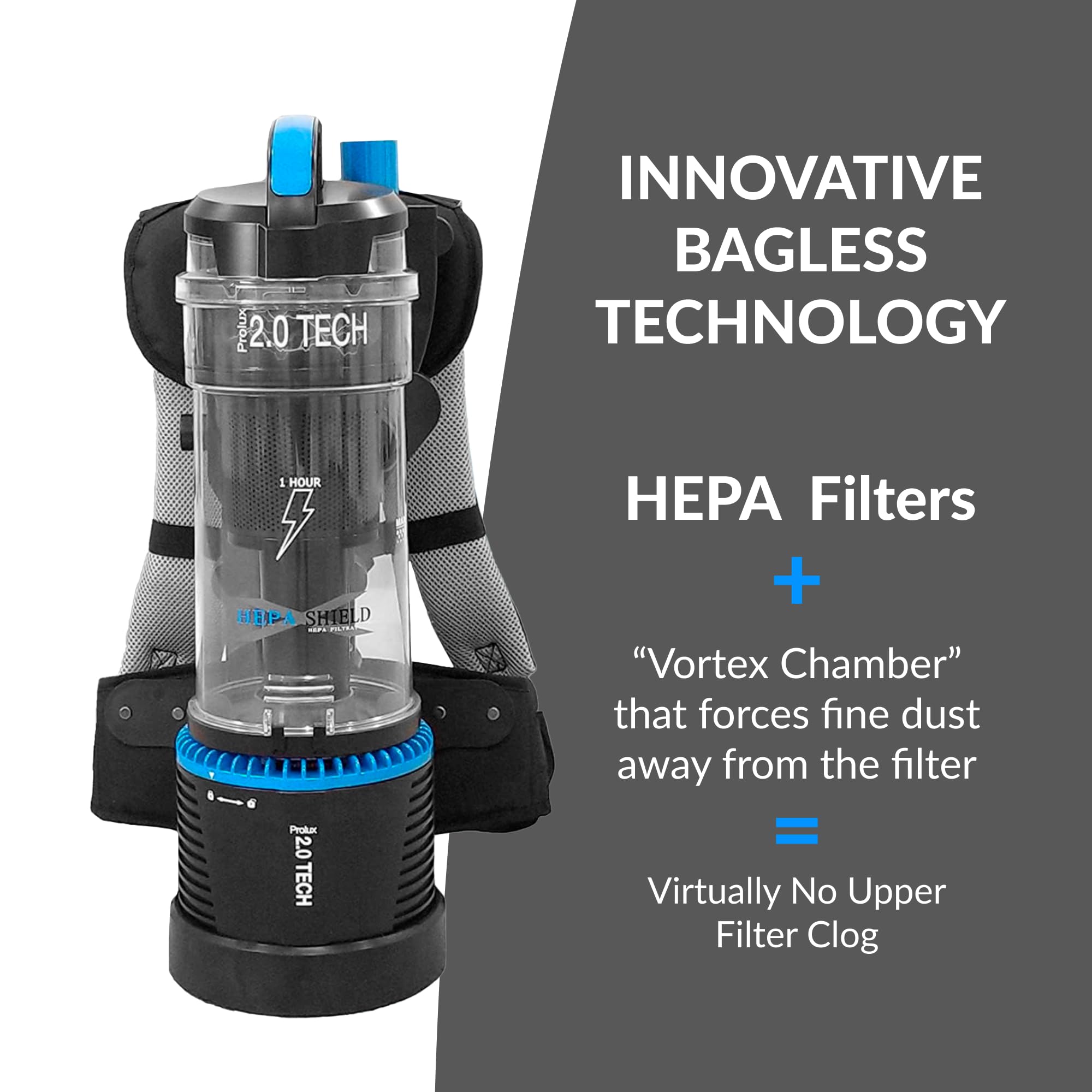 Prolux 2.0 Cordless Battery Bagless Backpack Vacuum Cleaner w/Dual HEPA Shield Filtration and Tool Accessory Kit