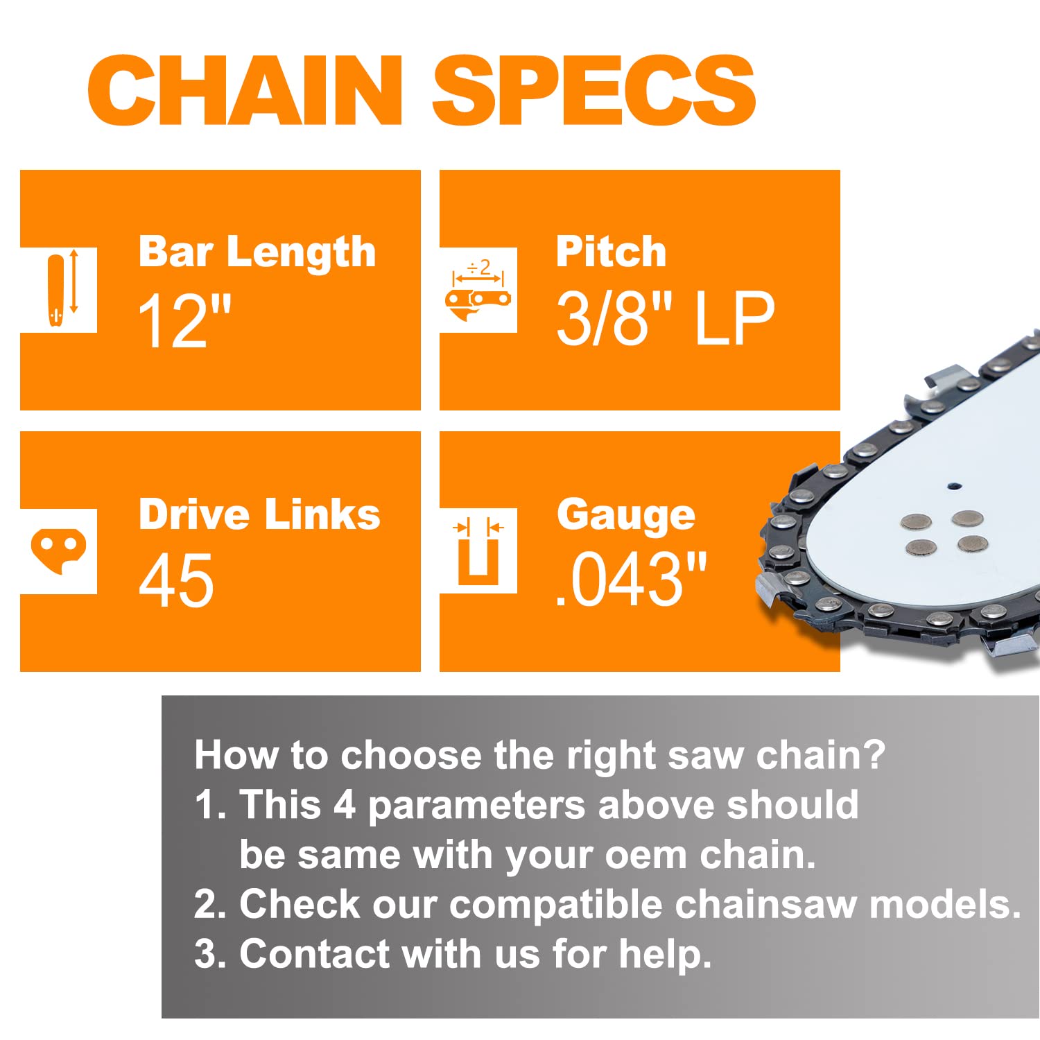 SUNGATOR 3-Pack 12 Inch Chainsaw Chain SG-R45, Compatible with Dewalt DCCS620B, DCCS620P1C, 3/8" LP Pitch - .043" Gauge - 45 Drive Links, Compatible with Craftsman, Ryobi and more
