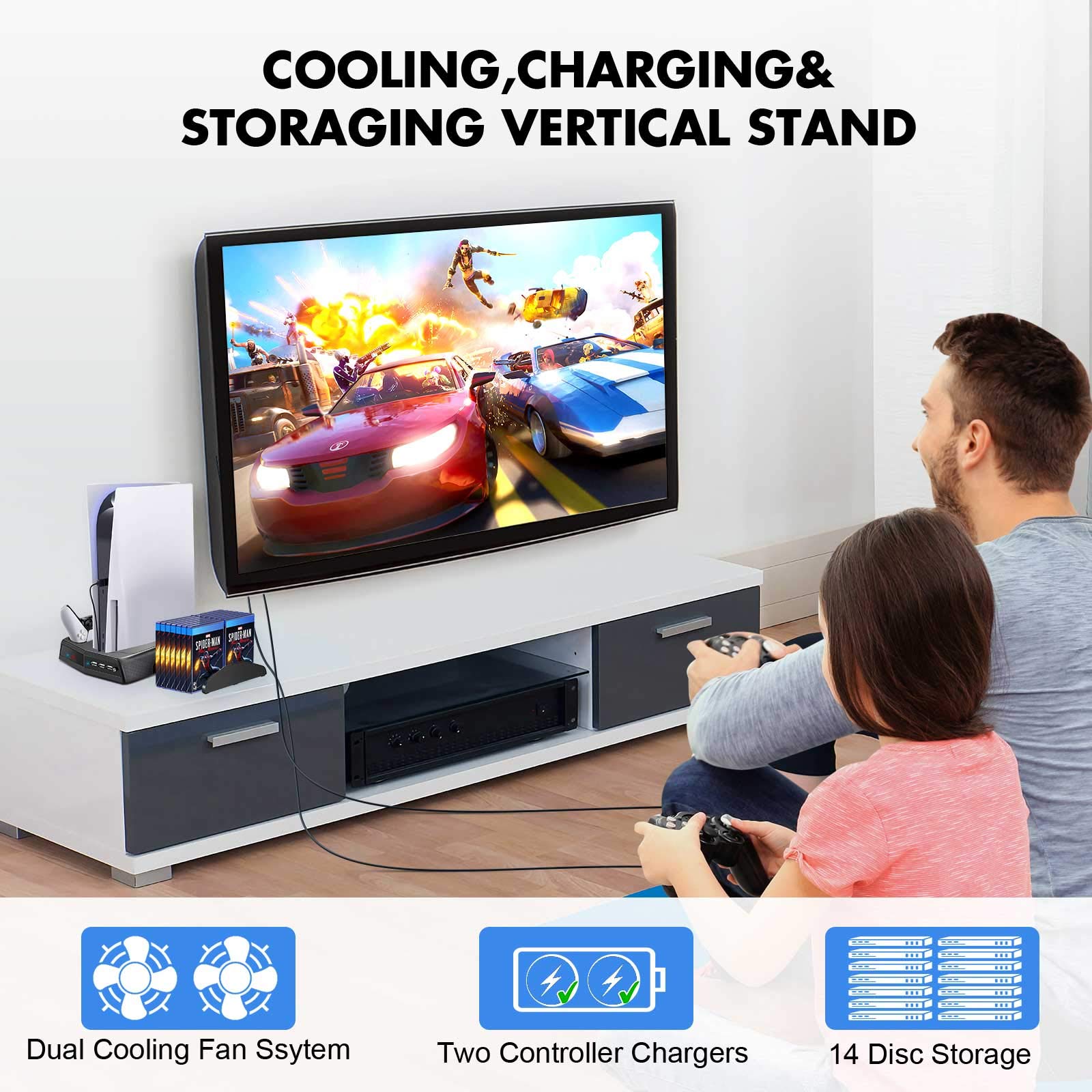 UeeVii PS5 Vertical Stand with Cooling Fan Dual Charging Station Dock for Playstation 5 Digital Edition and DualSense 14 Retractable Game Storage 3 USB Ports