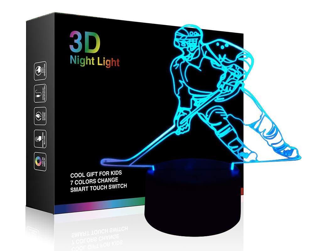Ticent Hockey Night Light, Hockey Player 3D Lamp Lighting for Kids 7 LED Color Changing Touch Table Desk Lamps Cool Toys Gifts Birthday Xmas Decoration for Sports Hockey Fan
