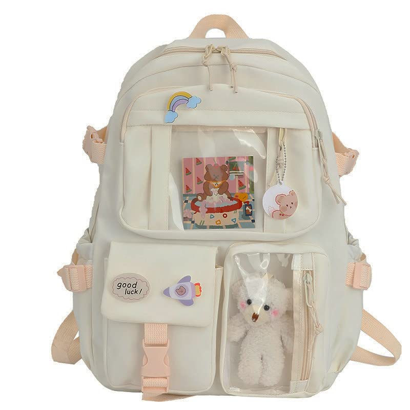 Votachin Kawaii Backpack Large Capacity Aesthetic Backpack Cute Casual Backpack with Decorative Pendant Kawaii Laptop Bag-beige