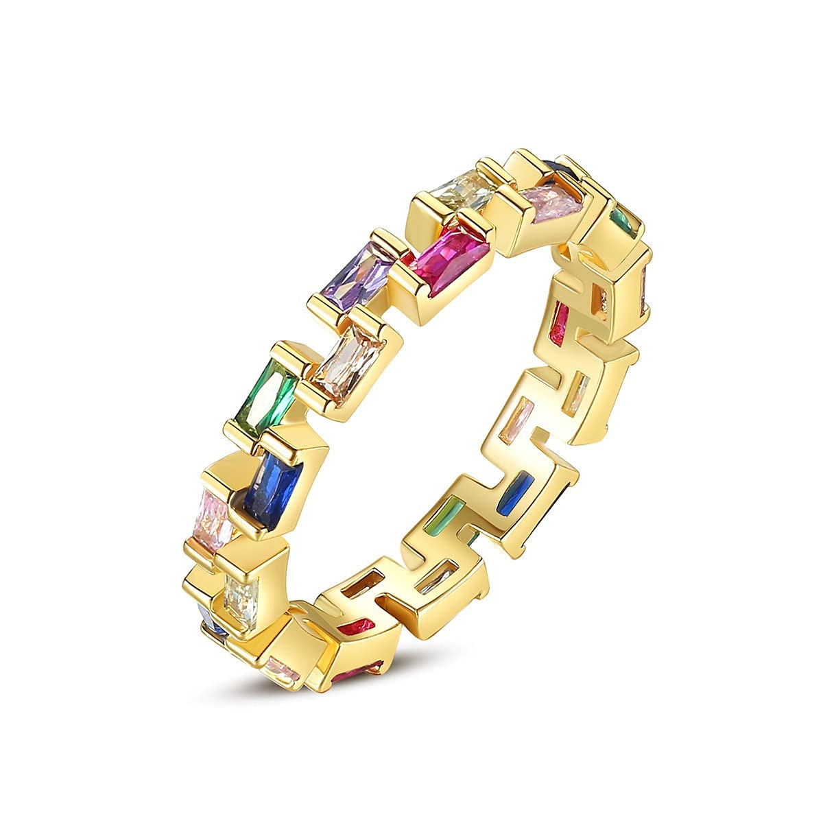 TEEMI-Eternity 18K Gold Plated Rainbow Colorful Cubic Zirconia Emerald Cut Eternity Ring Band Bling Ring (7)