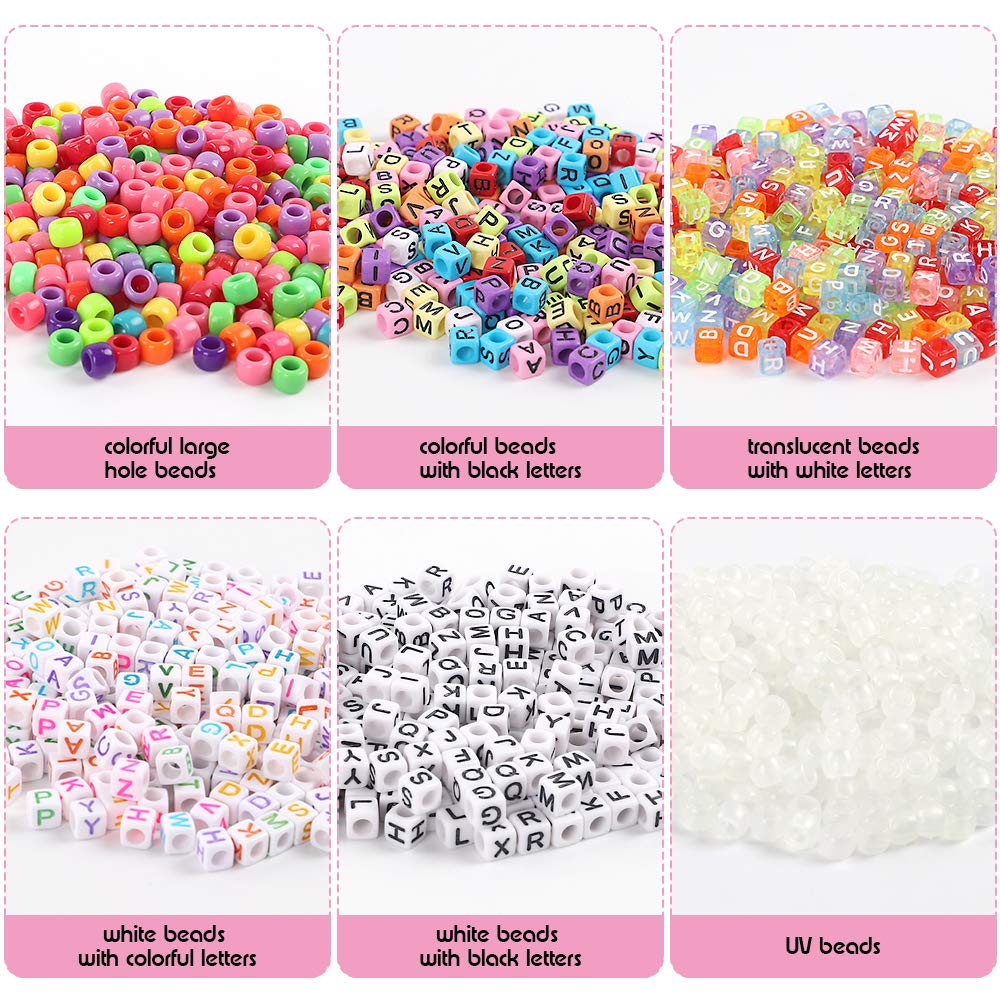 Quefe 1500pcs Beads Kit Letter Beads Assorted Acrylic Alphabet Beads Large Hole Beads UV Beads 6 Styles with 50 Meters Elastic String for Bracelets Crafts and Necklaces Making