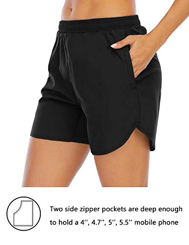 XIEERDUO Women's 5'' Athletic Running Shorts with Mesh Liner Zipper Pockets Gym Workout Training Quick Dry Black XS