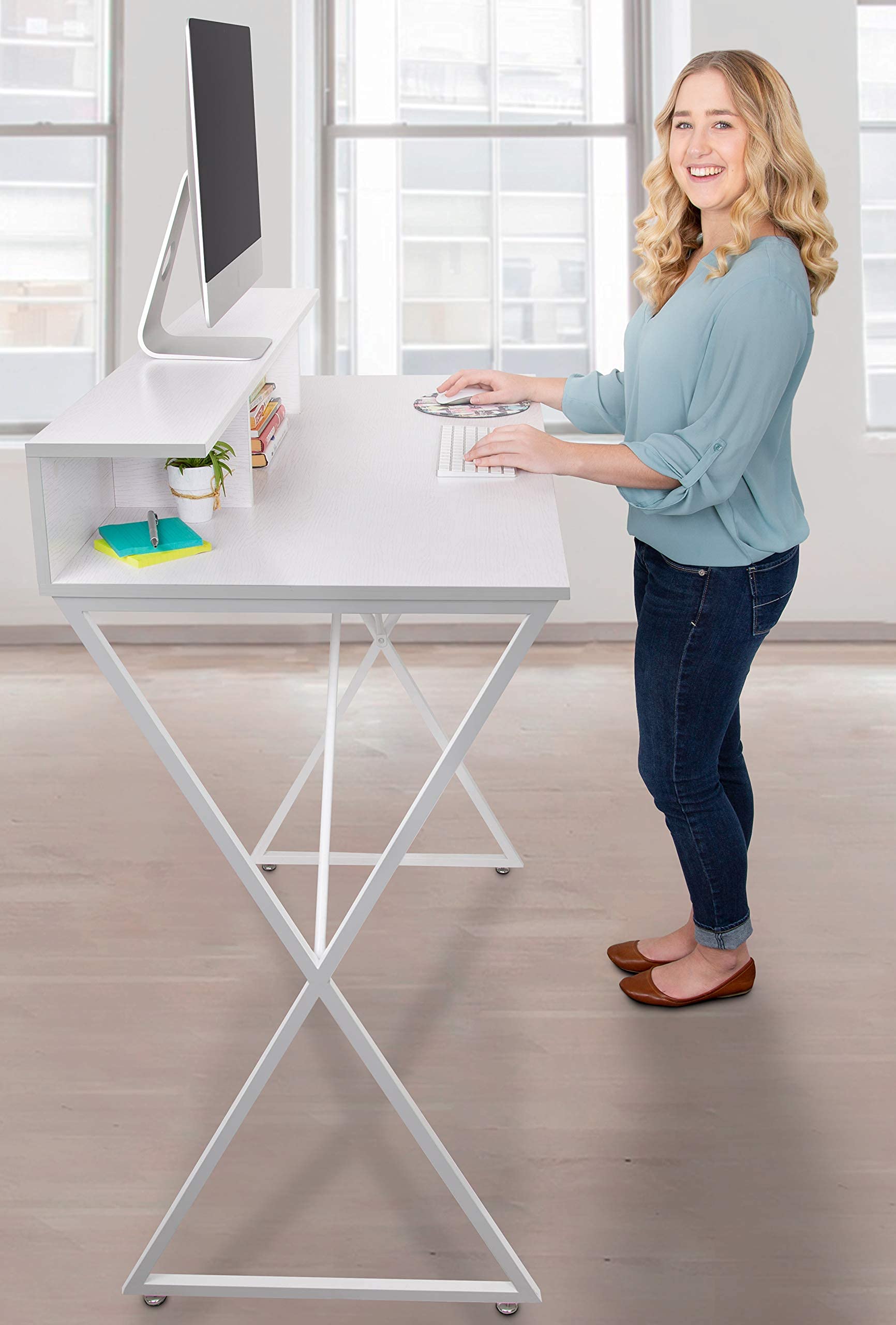 Stand Steady Joy Standing Desk | Pretty Standing Desk with Shelf & Built-in Storage Cubbies | Modern Stand Up Workstation | Tall Desk & Reception Table for Home, Dorm & Office (White / 48in x 42in)