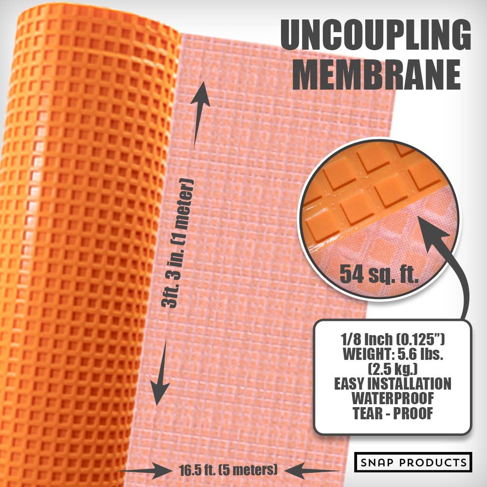 Uncoupling Membrane 1/8” Underlayment – 54 sq. ft. - Waterproofing Tile or Stone Flooring Bathroom, Shower, Sauna, Steam Room Floor – Water Proof & Crack Isolation – Snap Products
