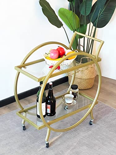 SMARTISBEAUTY Gold Bar Cart, 2-Tier Rolling Mobile Home Bar and Serving Beverage Carts with Glass Holdler, Modern Metal Wine Cart with Lockable Wheels 28" W x 14" D x 31”H