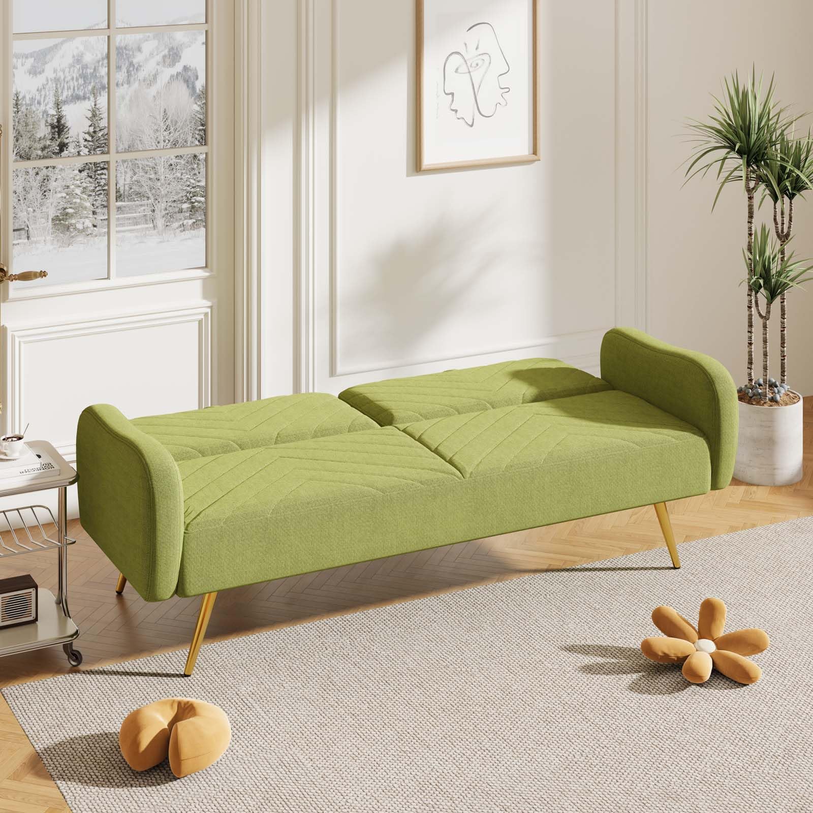 Shuoya Jewelry Modern Futon Couch Sofa Bed with 2 Pillows, Convertible Sleeper Couch Loveseat with 3 Angles Adjustable Split-Back and Solid Metal Leg for Living Room and Bedroom (Green)