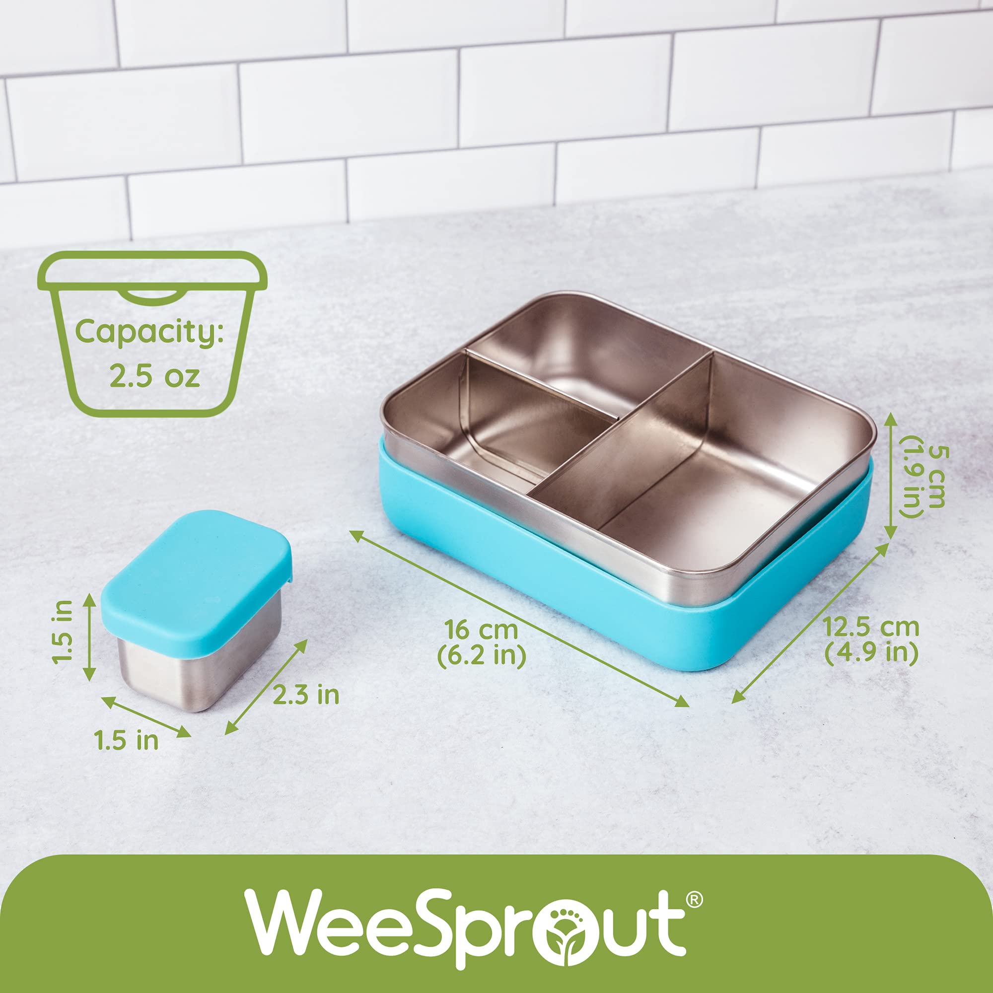 WeeSprout 18/8 Stainless Steel Bento Box (Compact Lunch Box) - 3 Compartment Metal Lunch Containers, Skid-proof Silicone Sleeve, for Kids & Adults, Bonus Dip Container, Fits in Lunch Bag & Backpack