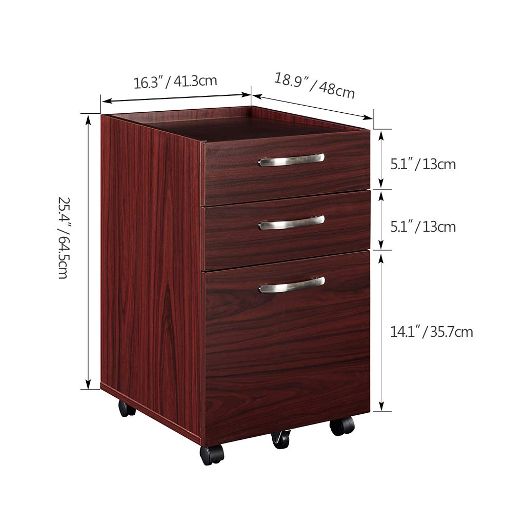 Sunon 3-Drawer Vertical Filing Cabinet Rolling Wood Mobile File Cabinets for Home Office with Casters (Manhogany, Non-Assembled)