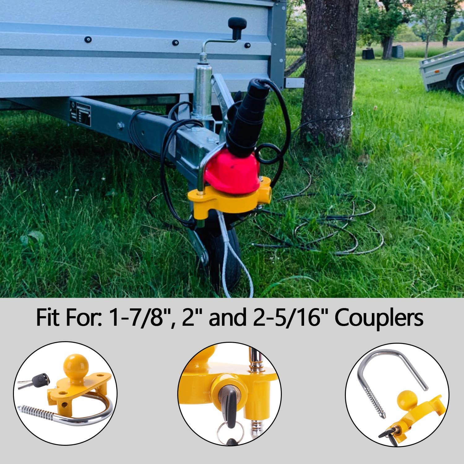 Tevlaphee Universal Trailer Ball Tow Hitch Lock Adjustable,Heavy-Duty Steel,Fit for Towing Caravan Trailer Security with 2 Keys Yellow