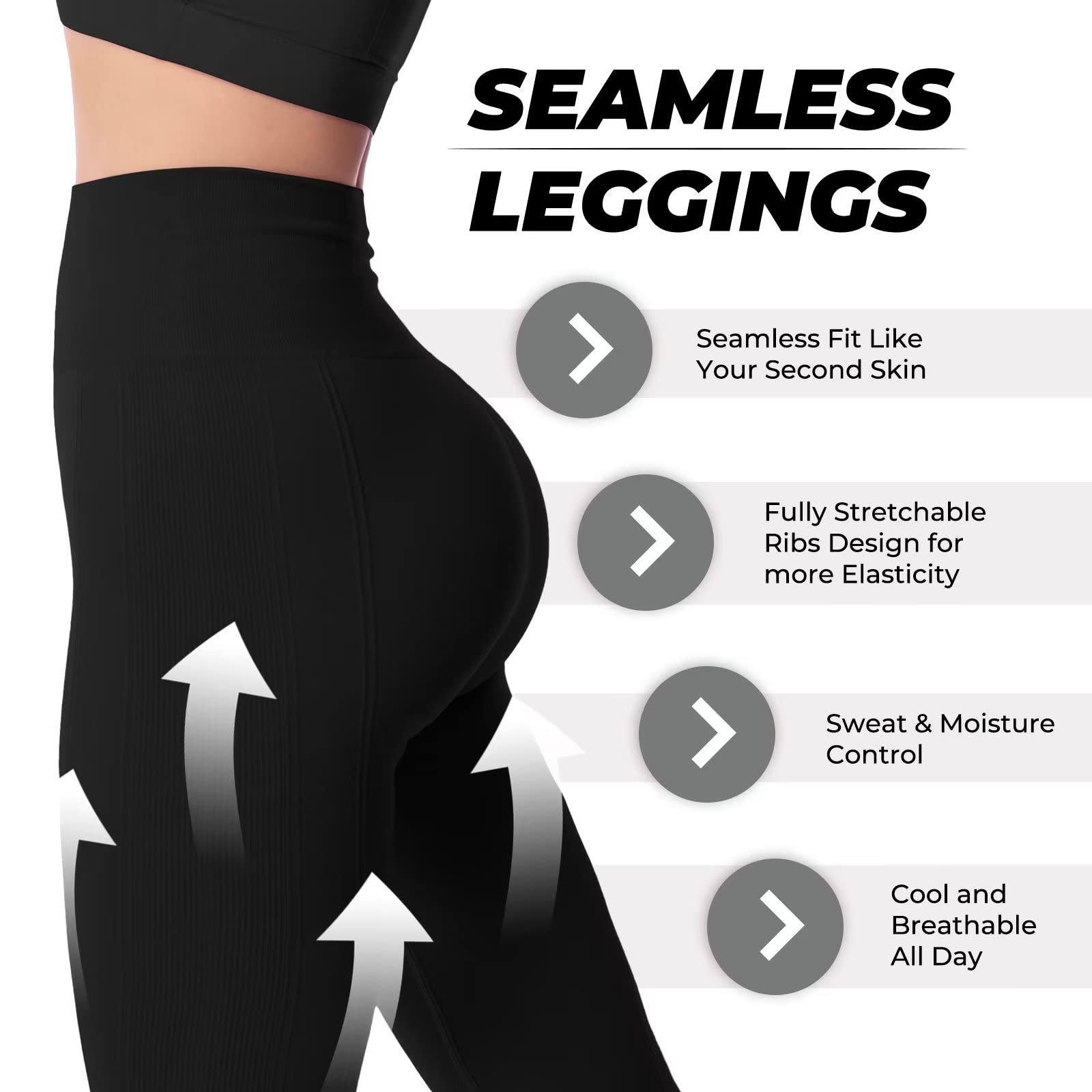 TreeWeek Women's Seamless Yoga Leggings High Waist Running Workout Rib Elastane Pants(L,Black)