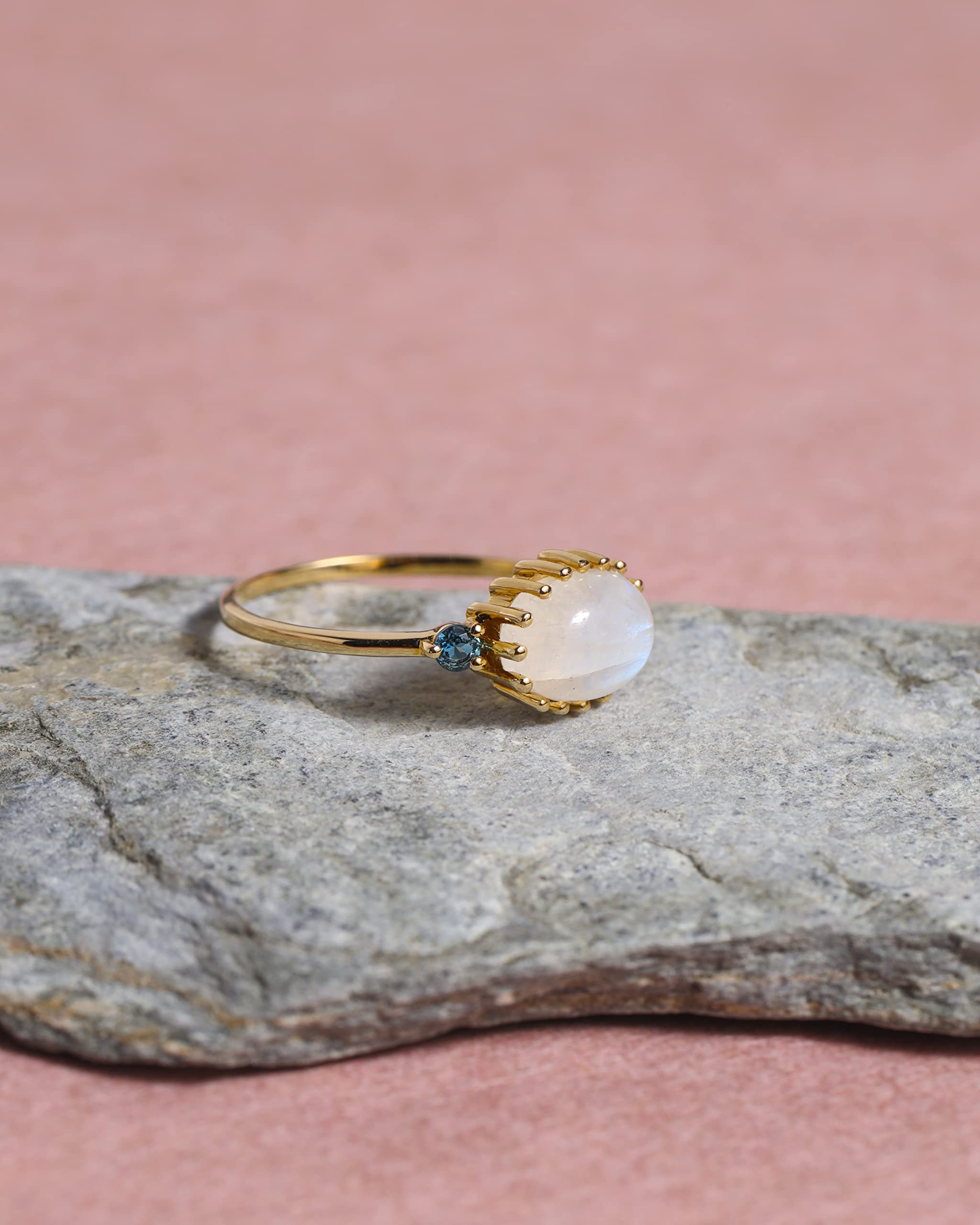 YoTreasure 2.04 Ct. Rainbow Moonstone London Blue Topaz Promise Ring 14K Yellow Gold Jewelry