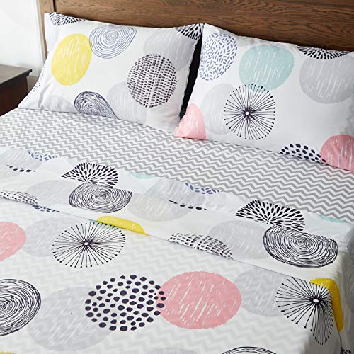UOZZI BEDDING Printed 4 Pieces Girls Bed Sheets Set Queen Size 1500 Soft Brushed Microfiber Colorful Dots and Stripes Patterned Adult Bedding Set