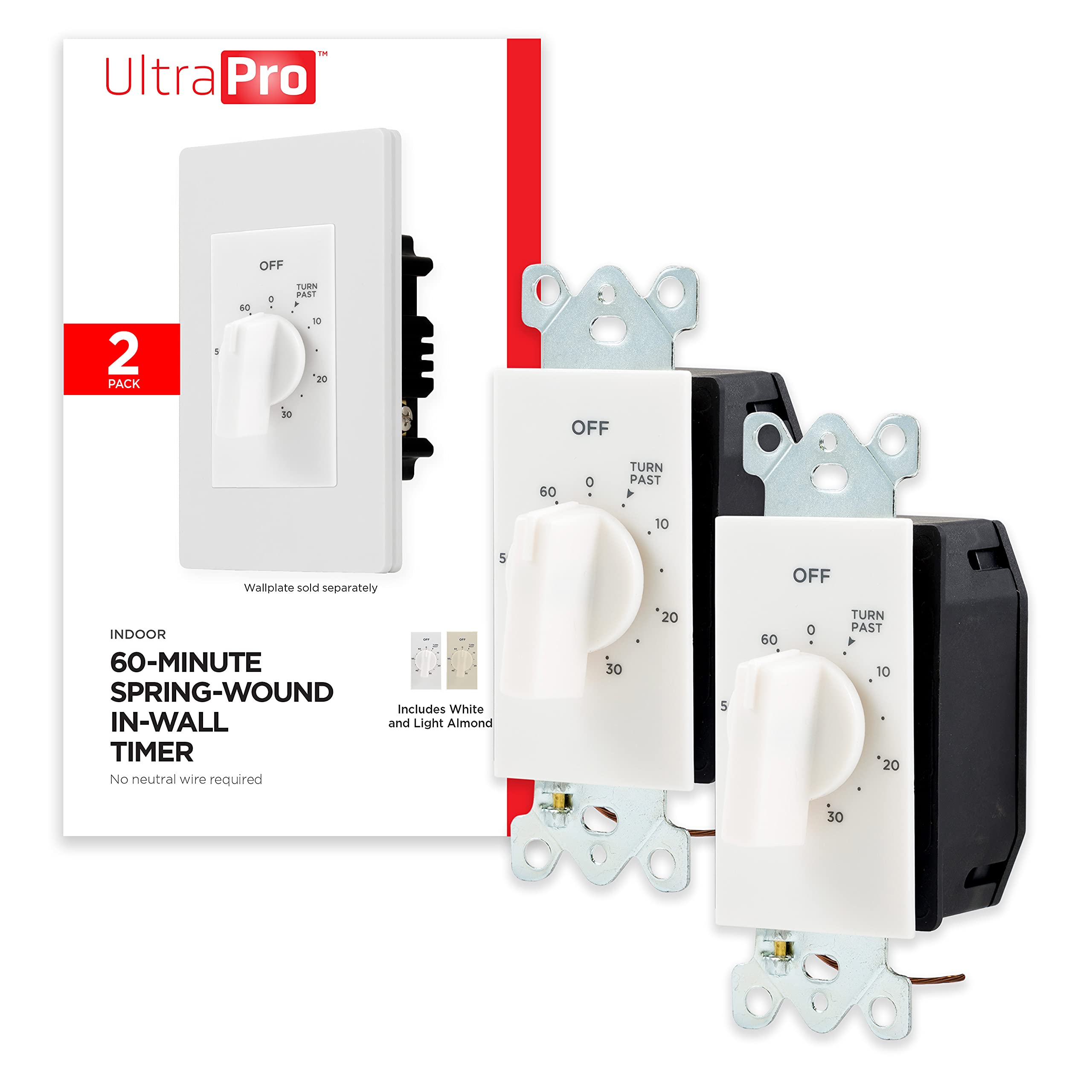 UltraPro 60-Minute Countdown in-Wall Timer, Mechanical Switch, Spring Wound, No Neutral Wire Needed, Single-Pole, Ideal for Lights, Exhaust Fans, Heaters, Pumps, White, 2 Pack, 47977