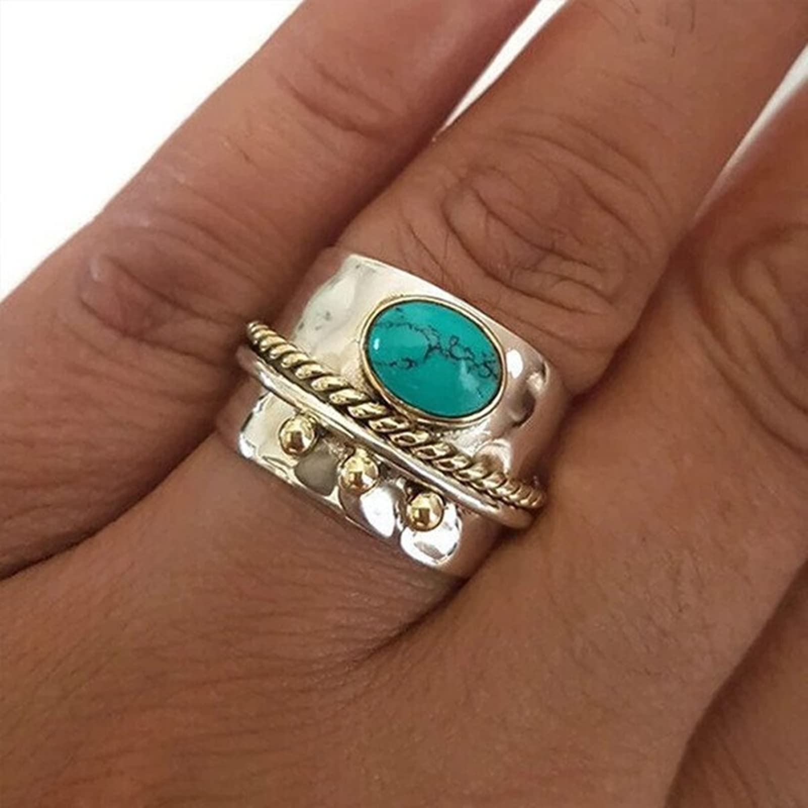 XLAQ Turquoise Wide Band Ring, Boho Vintage Two Tone Ring, Exquisite Rings Gift for Festival Birthday Anniversary (US10)