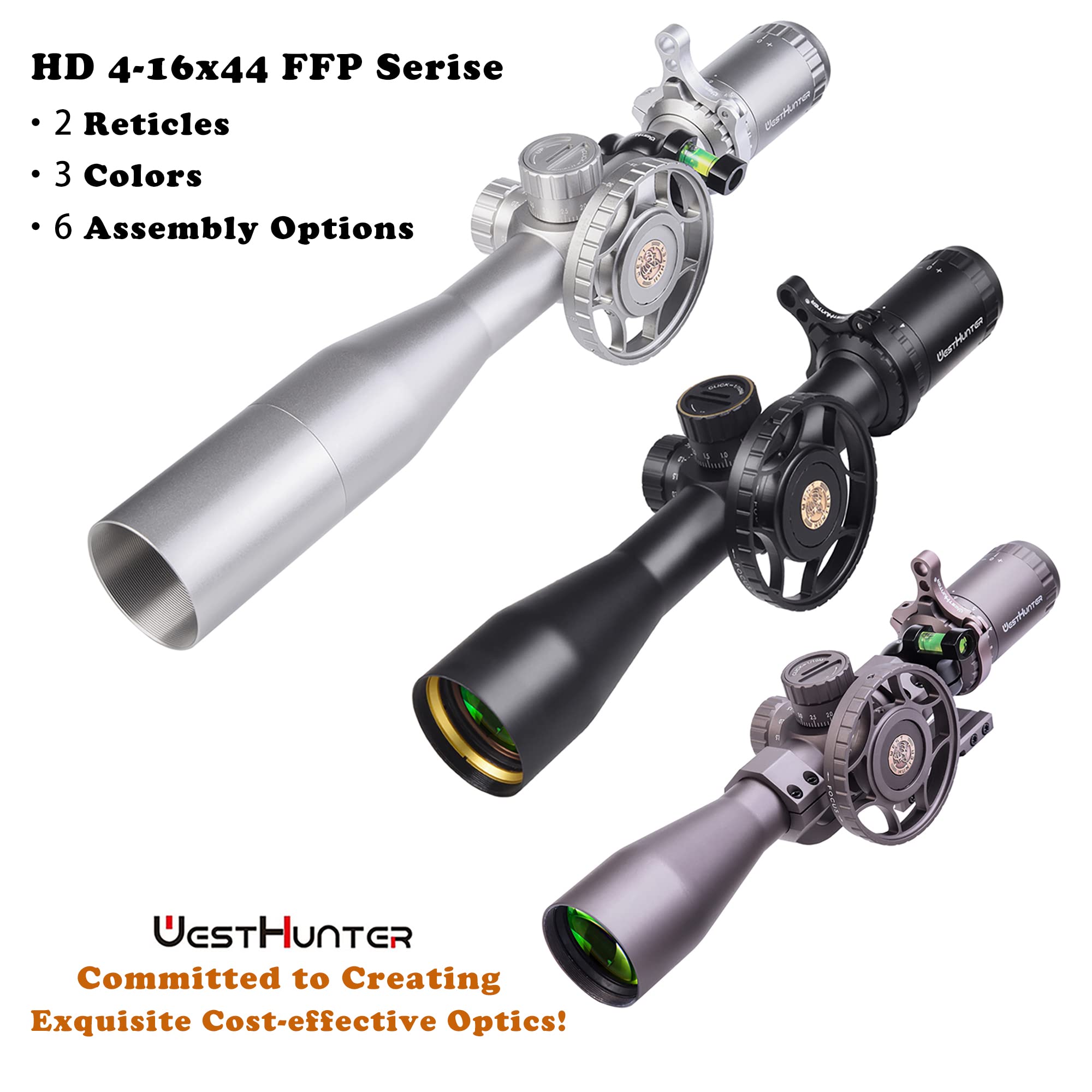WestHunter Optics HD 4-16x44 FFP Scope, 30mm Tube First Focal Plane Tactical Wide Field of View Precision 1/10 MIL Riflescope | Brown, Only Optics & Basic Accessories