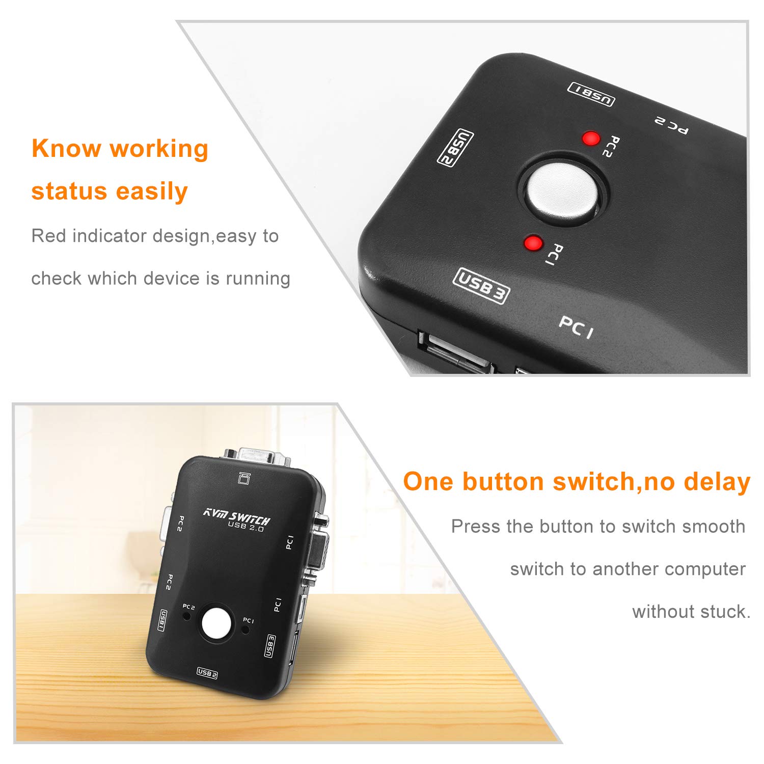 VM Switch Box 2-Port PC Monitor Switch Box Include 3 x USB VGA Cable Socket for Computer/Keyboard/Mouse Monitor, Plug and Play