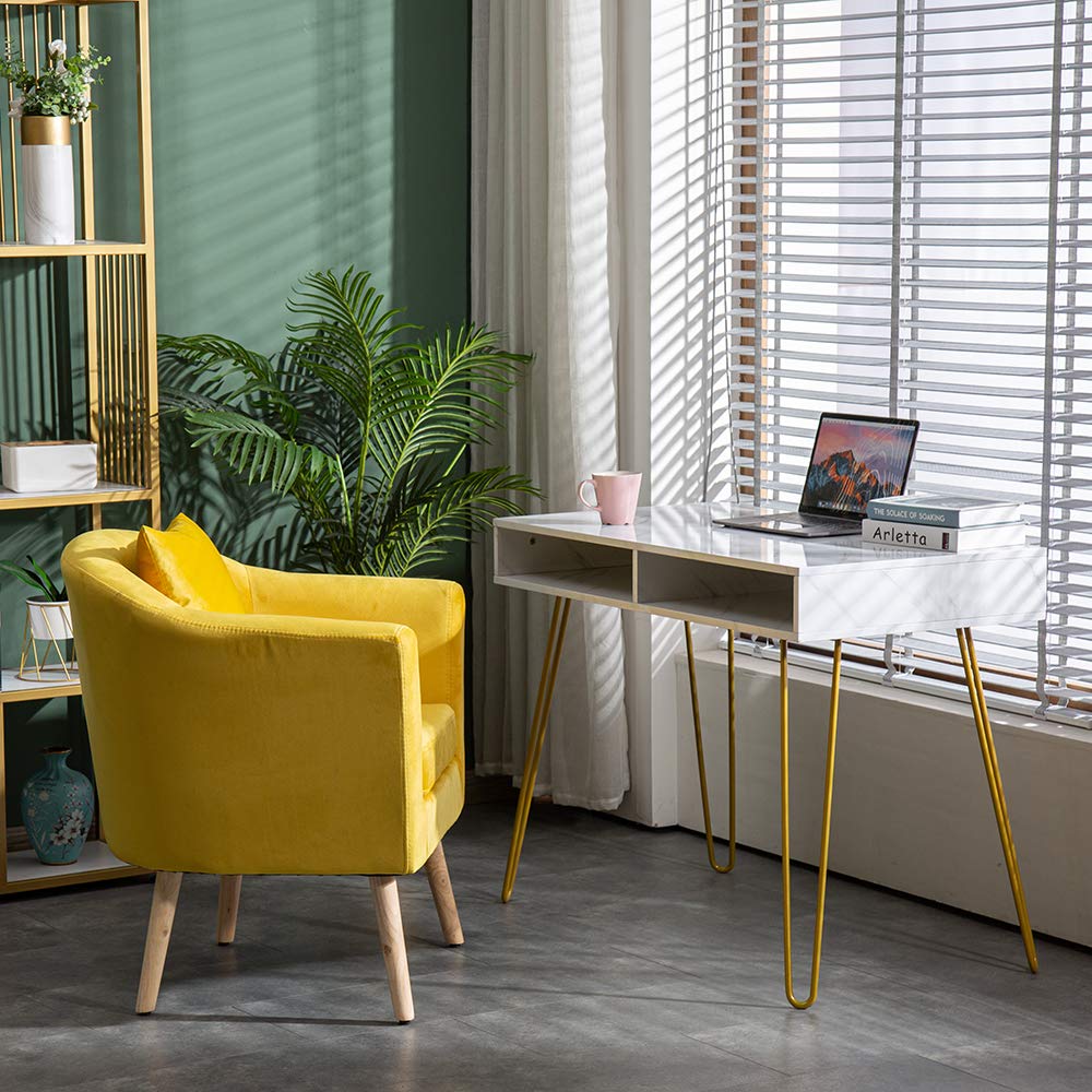 SSLine Gold and White Computer Desk Modern Writing Table Makeup Vanity Desk with White Faux Marble Top and Golden Metal Frame Elegant Laptop PC Workstation w/Two Storage Drawers for Home Office