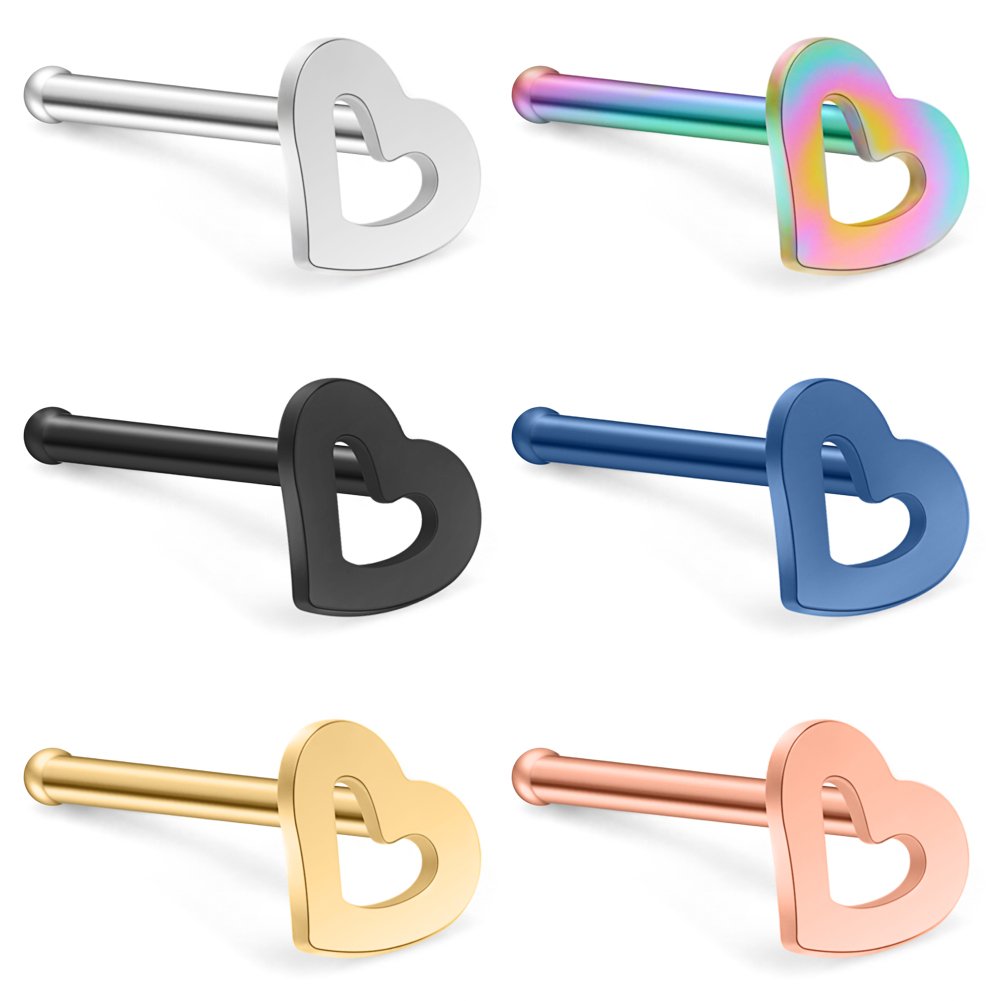 Ruifan 20G 18G Surgical Steel Heart Nose Stud Rings Bone Pin Piercing Jewelry 3-6PCS