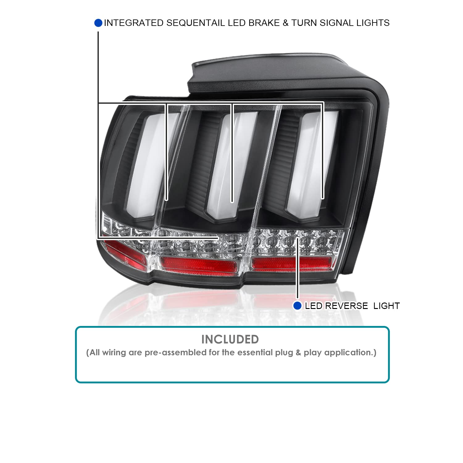 SPEC-D TUNING Black Housing Clear Lens Sequential LED Bar Tail Lights Compatible with 1999-2004 Ford Mustang, Left + Right Pair Assembly