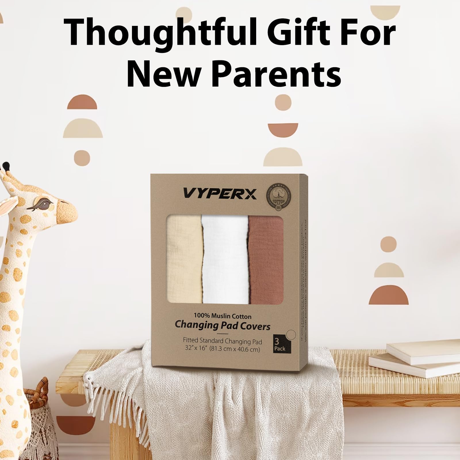 VYPERX Muslin Changing Pad Covers, Solid Color Changing Table Pad Cover, Ultra Soft Breathable Boho Changing Pad Sheets Fit for Standard Changing Pad 16" x 32", 3 Pack (White & Sand & Brown)