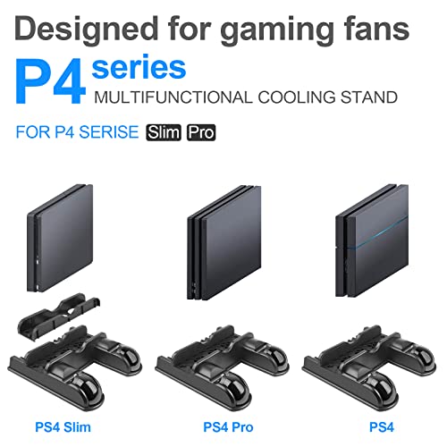 PS4 Stand Cooling Fan Station for Playstation 4/PS4 Slim/PS4 Pro, PS4 Vertical Stand with Dual Controller Port Charger Dock Station, USB Fast Charging Station with LED Indicator,12 Game Slots