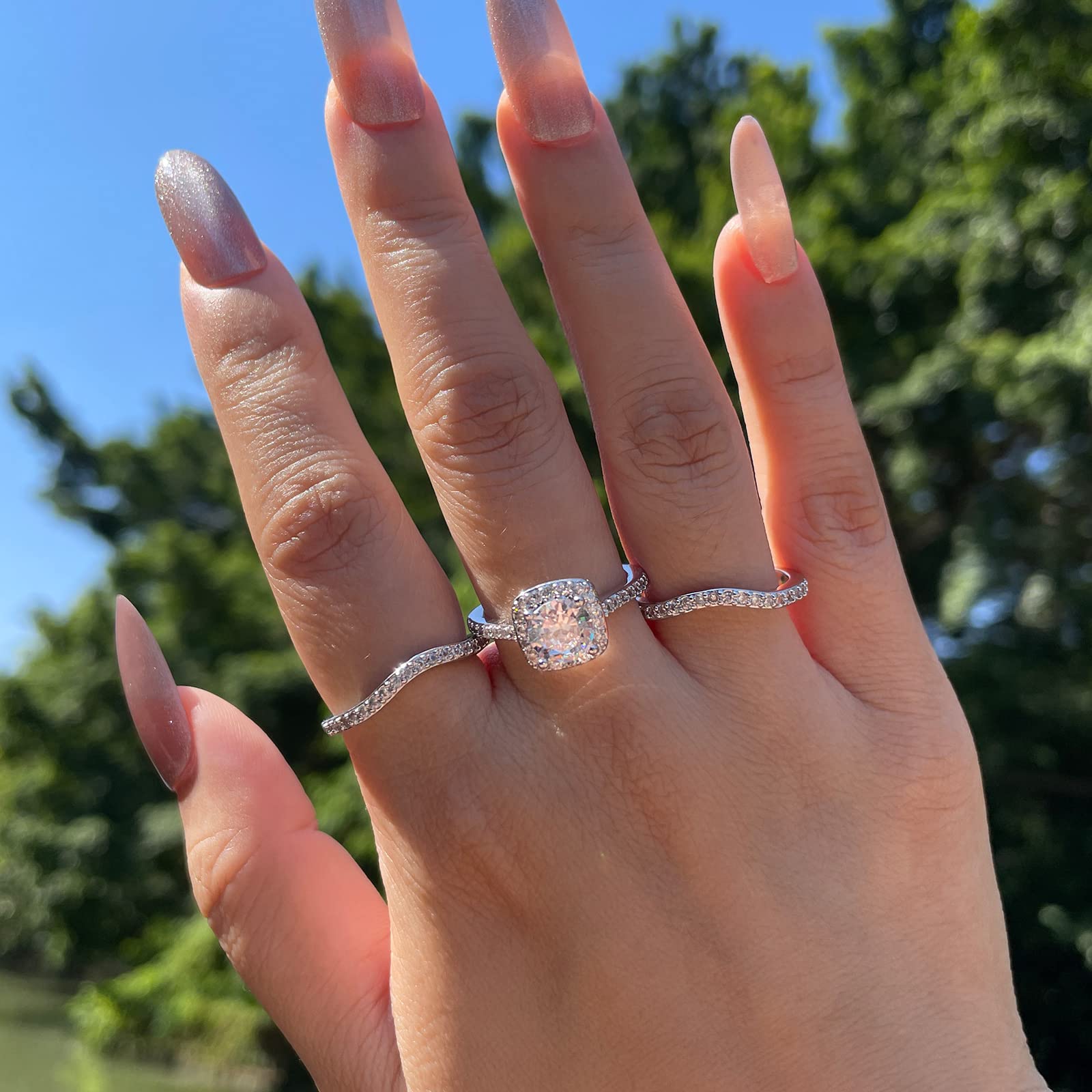 YOYEEWYNS 18K White Gold Three-in-One Halo Wedding Bridal Ring Set for Women Cubic Zirconia Engagement Eternity Rings Size 7